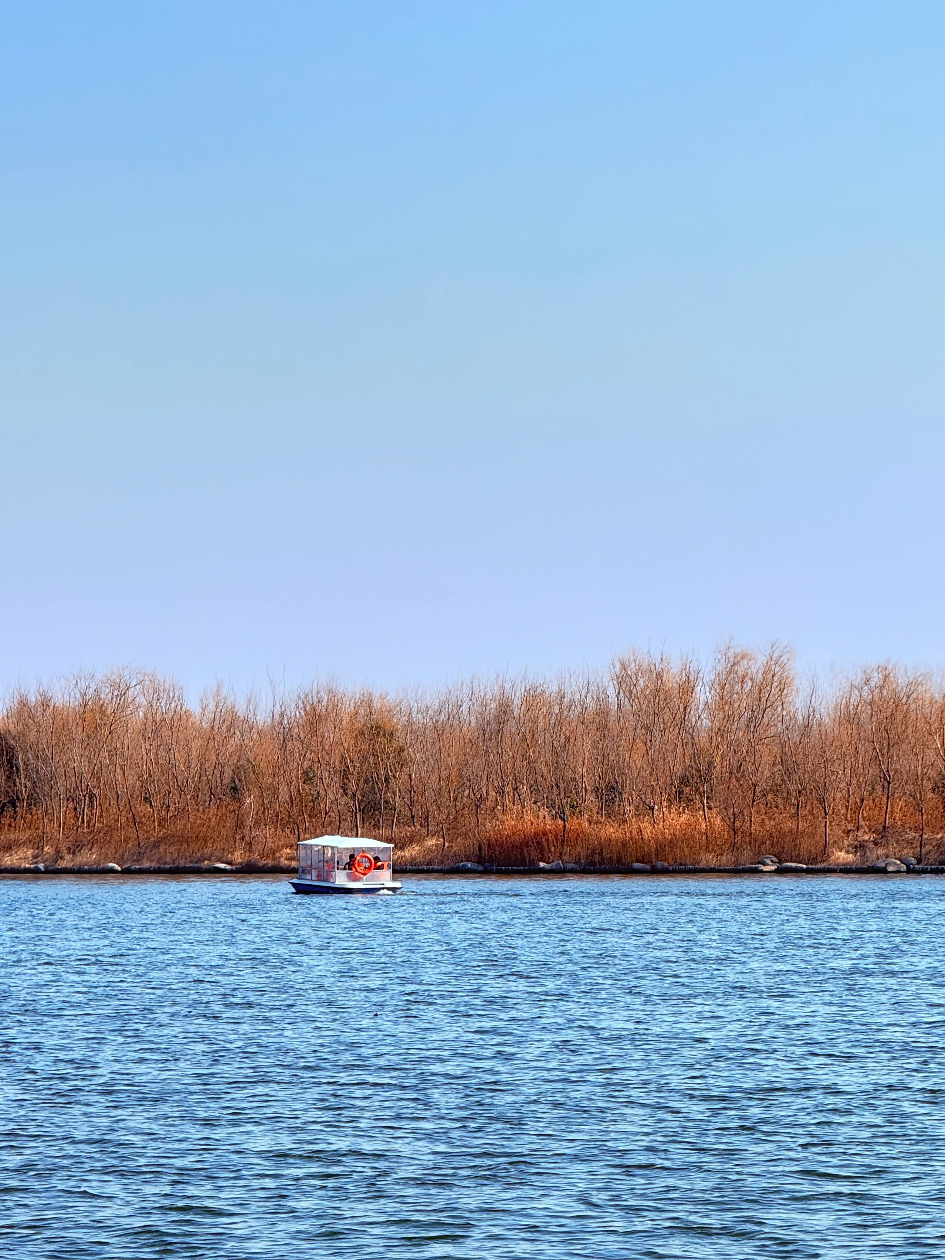 Calm Lake Scene with Small Boat and Autumn Trees · Free Stock Photo