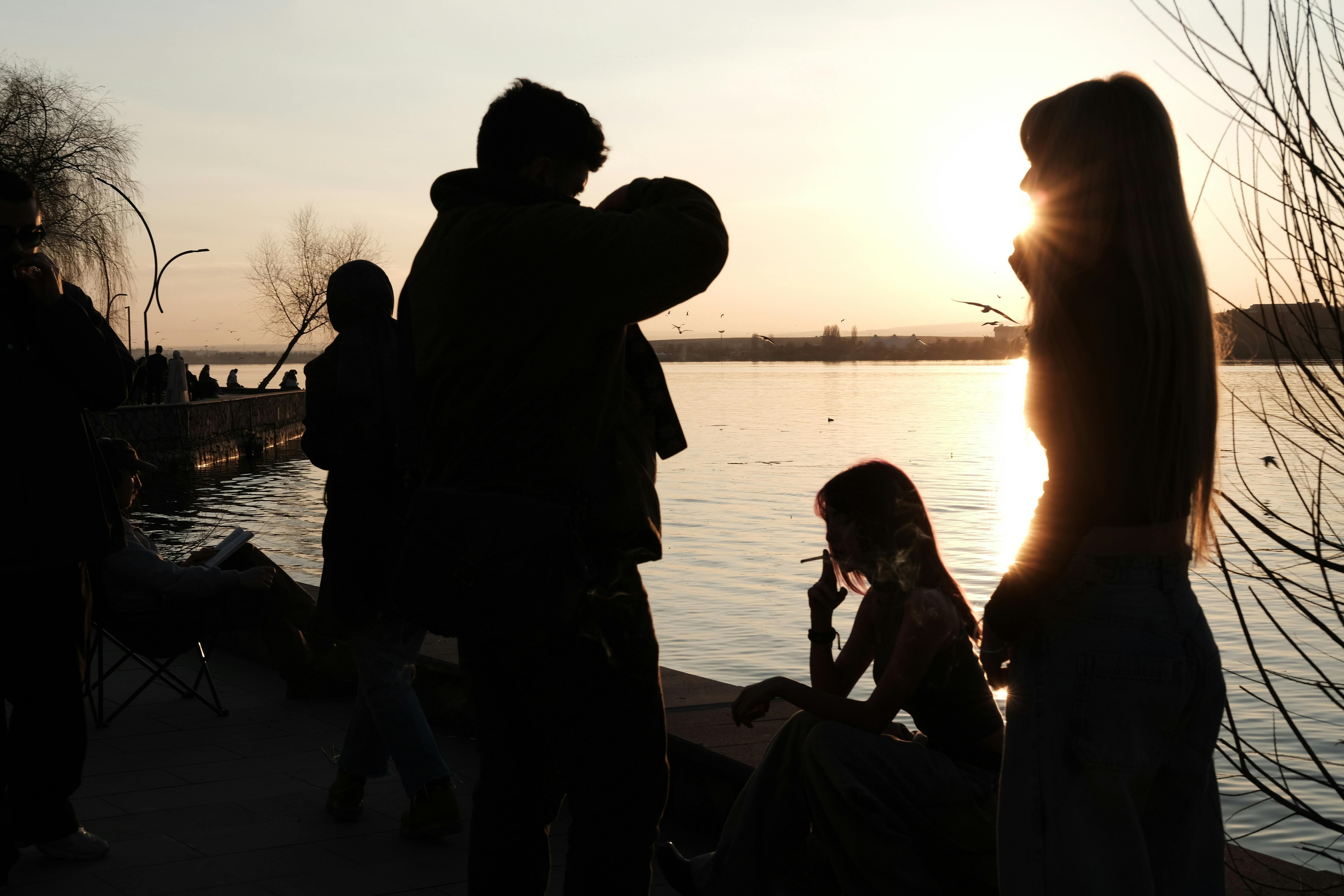 Silhouetted Group by the Lake at Sunset · Free Stock Photo