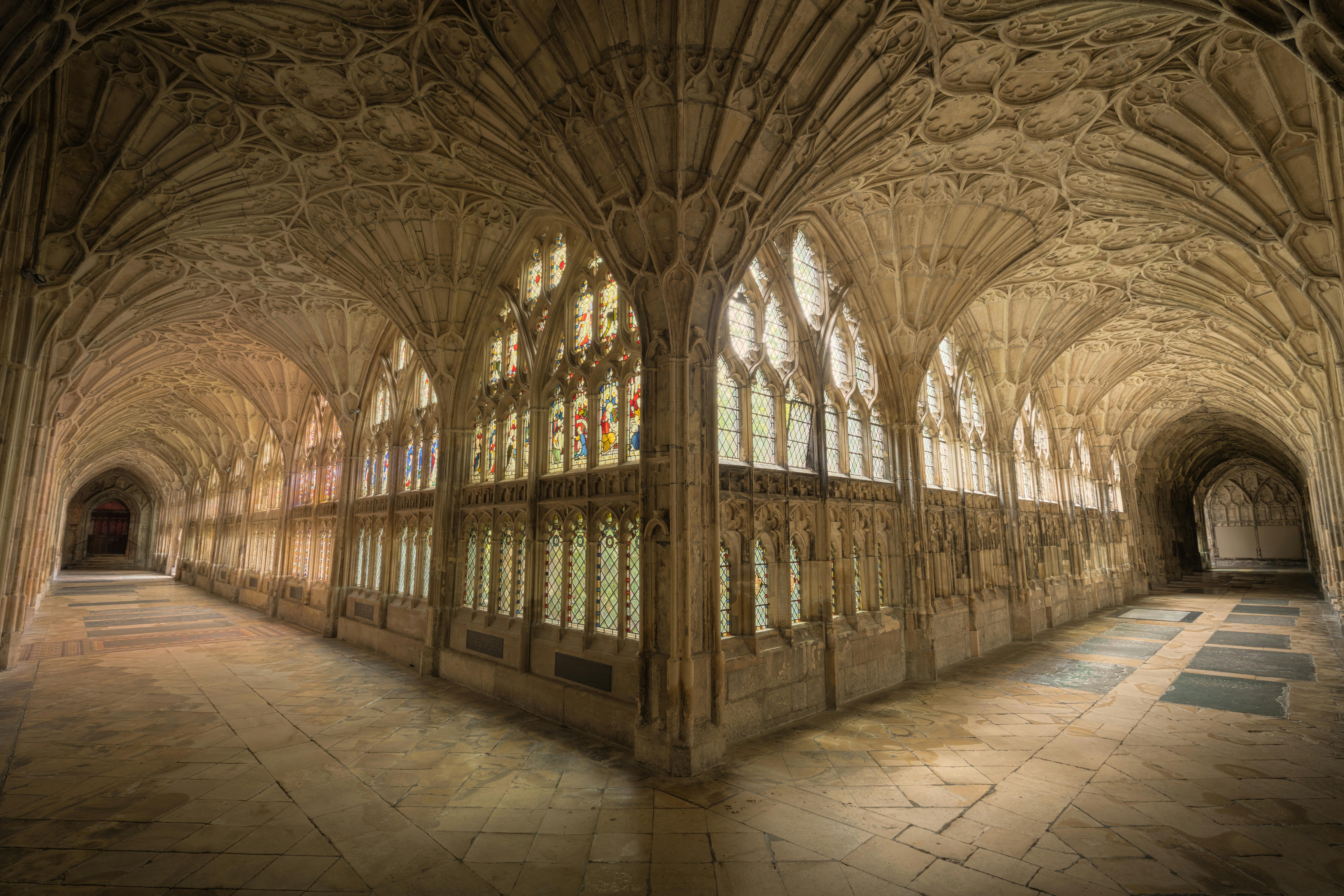 Gloucester Cathedral Cloisters with Stained Glass · Free Stock Photo