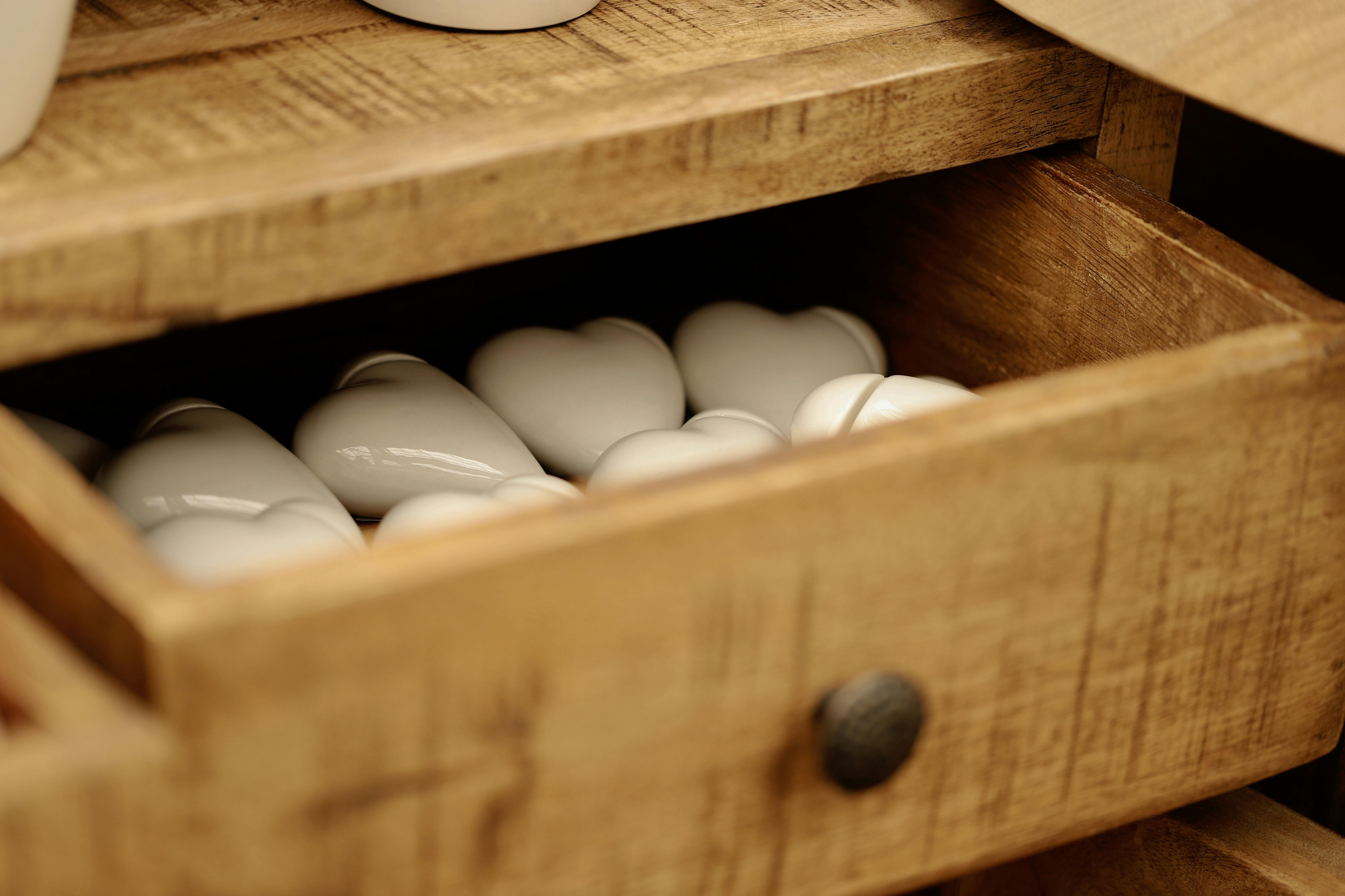 Rustic Wooden Drawer with Porcelain Hearts · Free Stock Photo