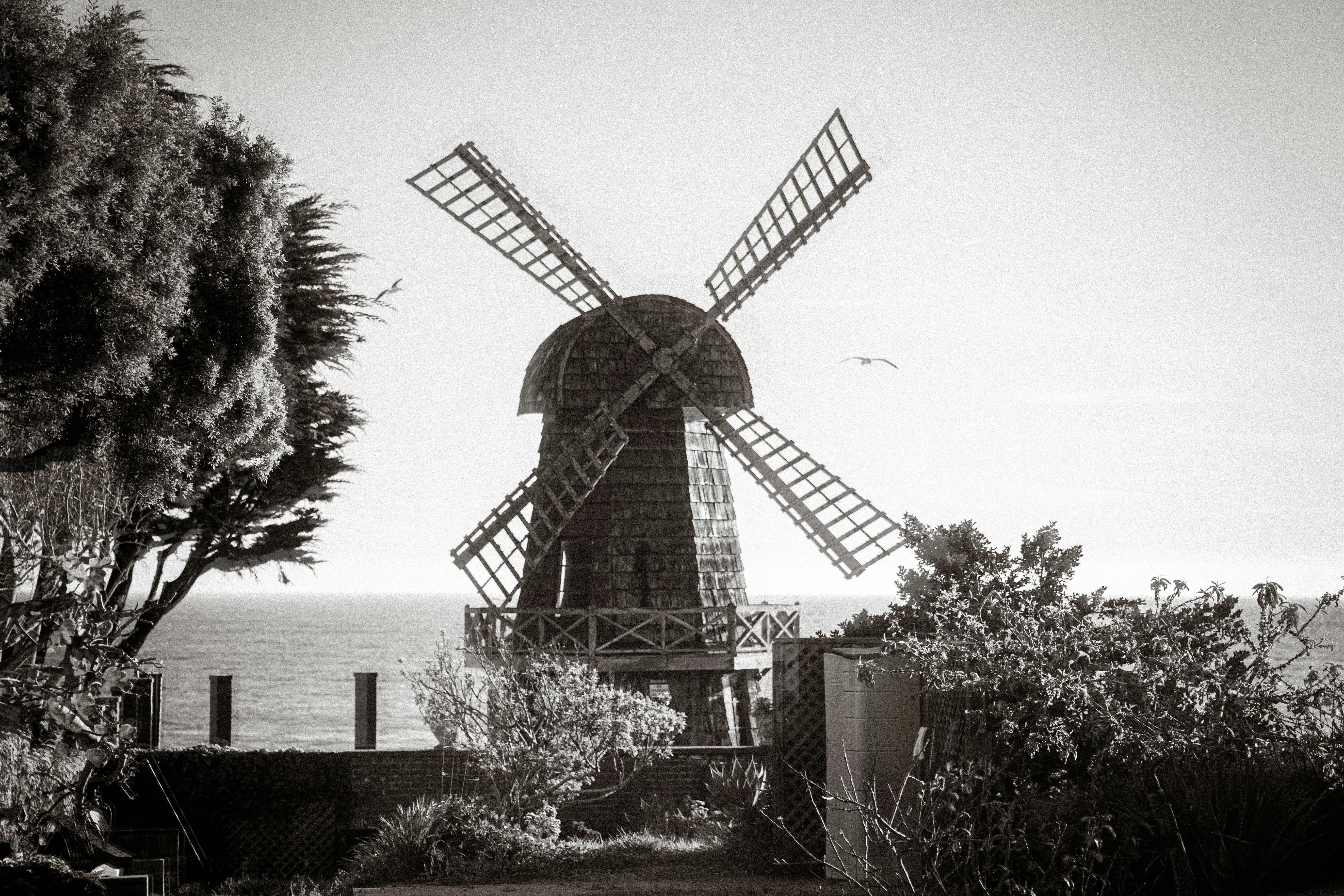 Vintage Windmill by the Sea with Sunny Backdrop · Free Stock Photo