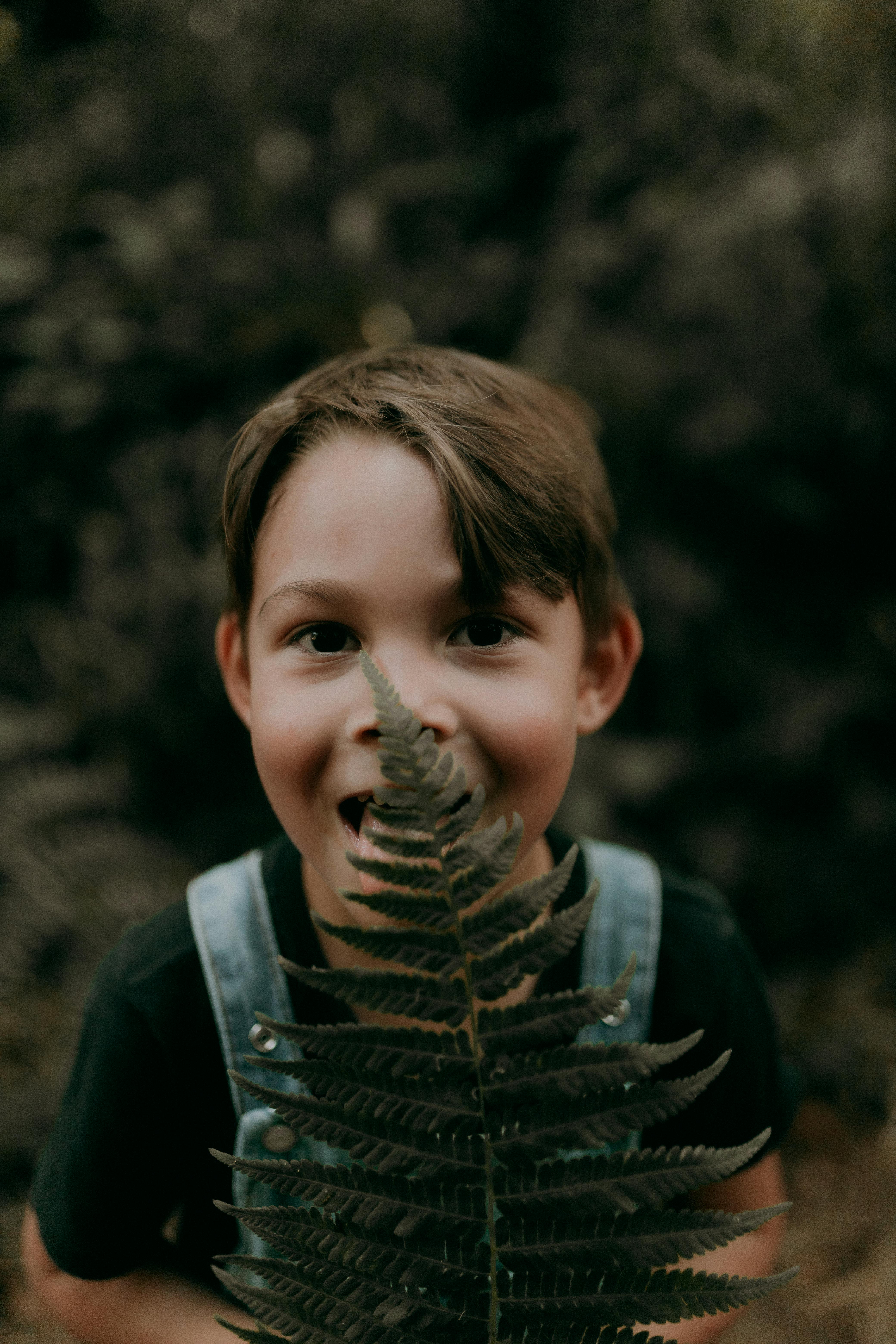 Playful Child in Nature Holding a Fern · Free Stock Photo