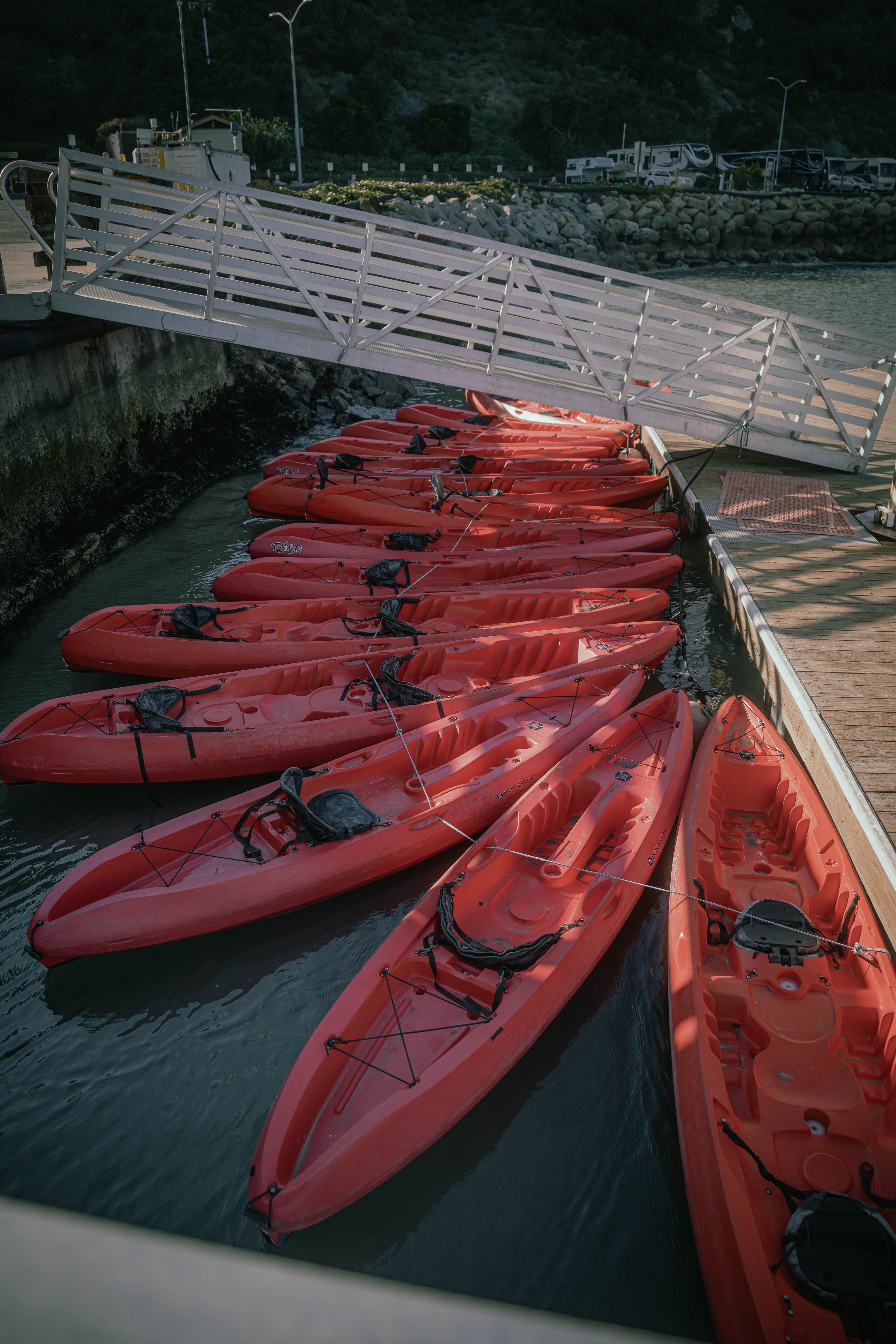 Multiple Red Kayaks Moored at Dockside · Free Stock Photo