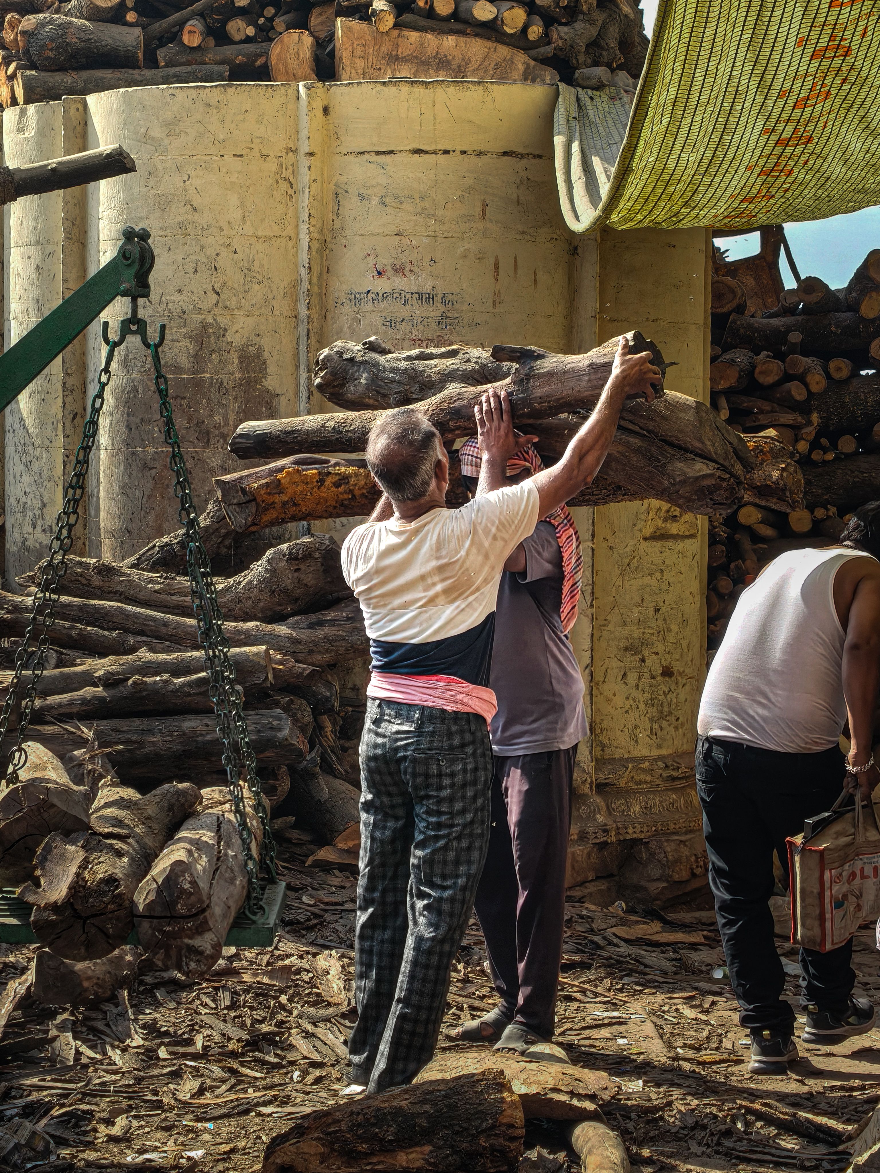 Workers Stacking Logs in Sawmill Interior · Free Stock Photo