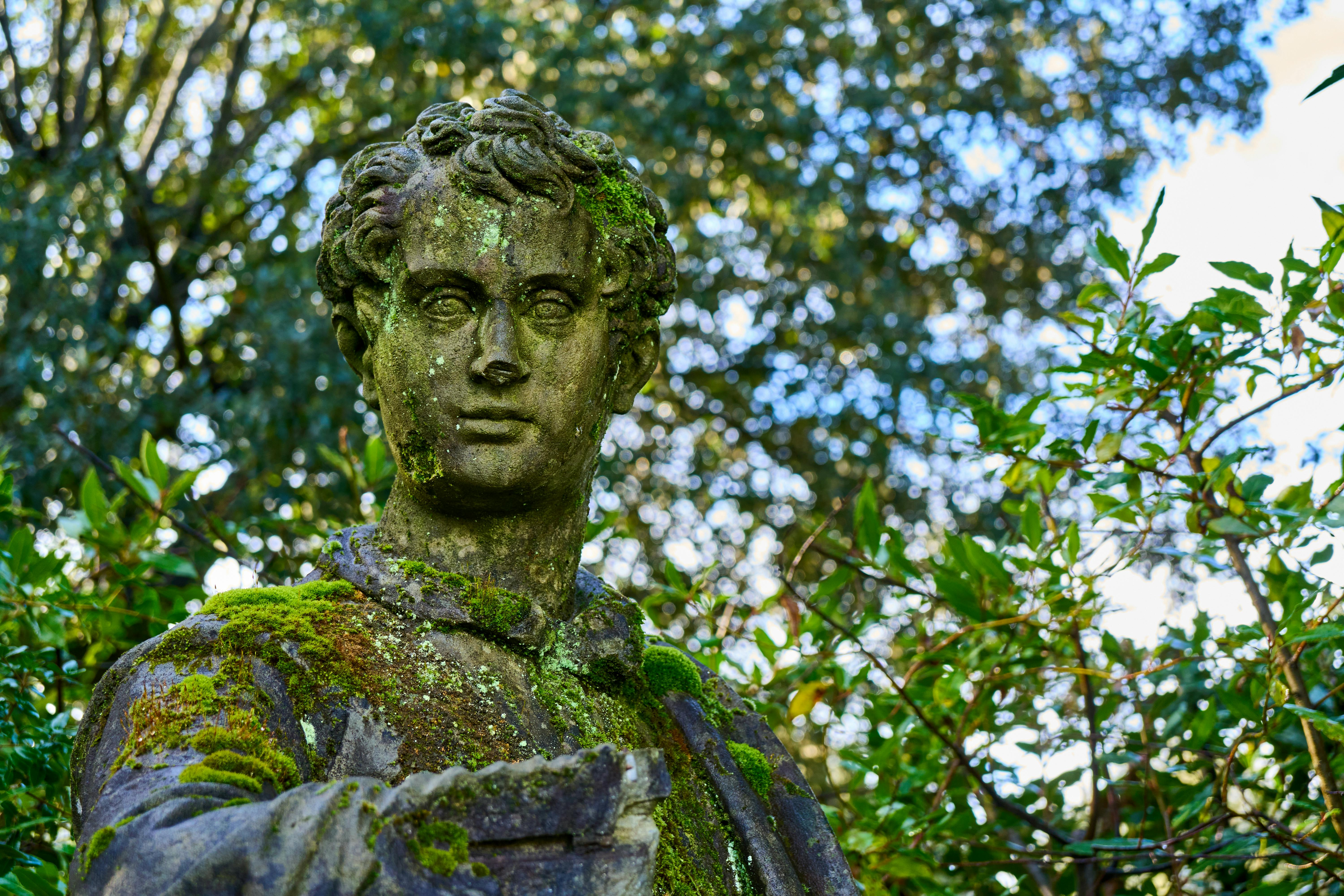 Moss-Covered Stone Statue in Lush Garden Setting · Free Stock Photo