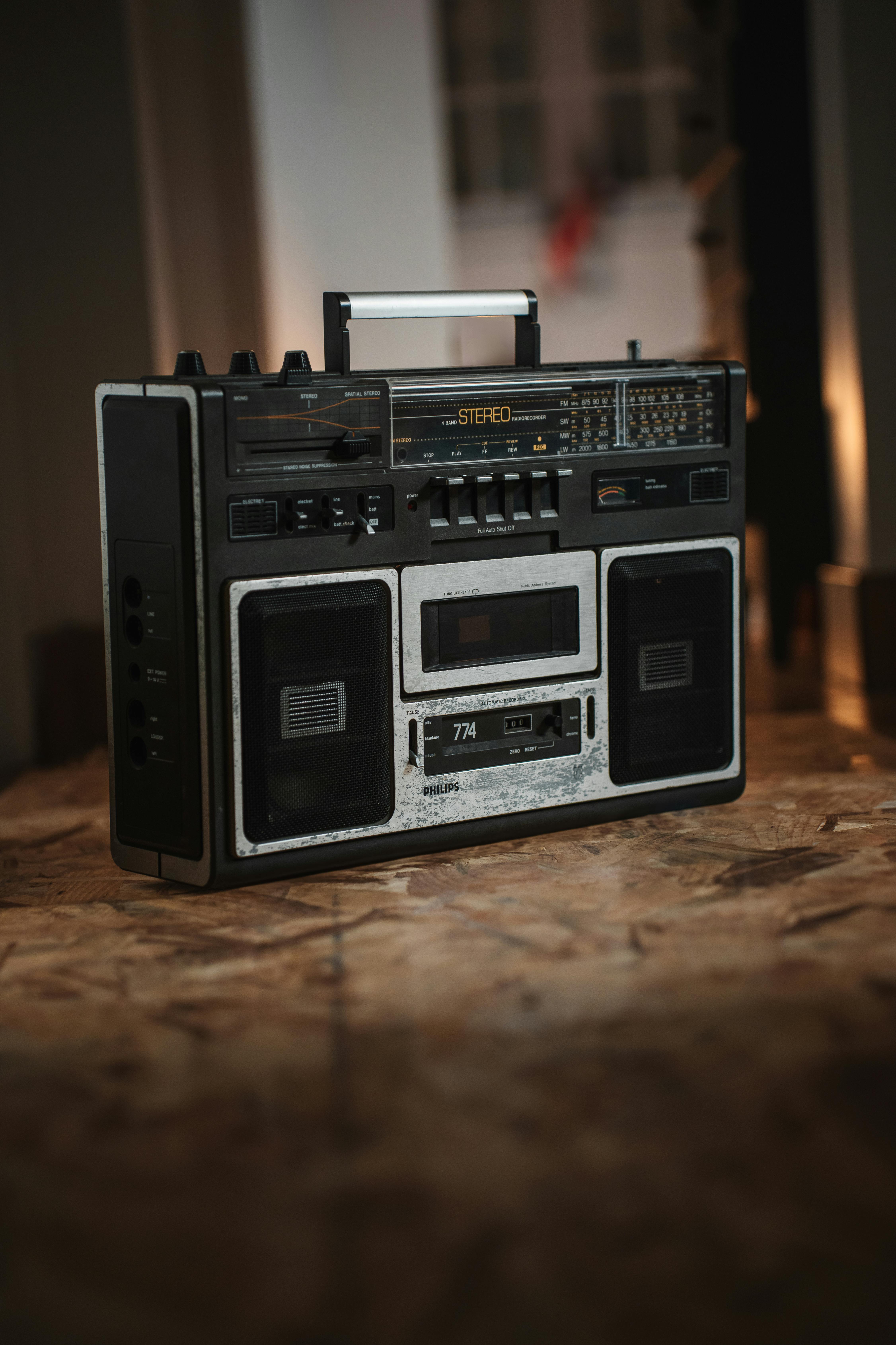 Vintage Portable Stereo Boombox on Wooden Table · Free Stock Photo