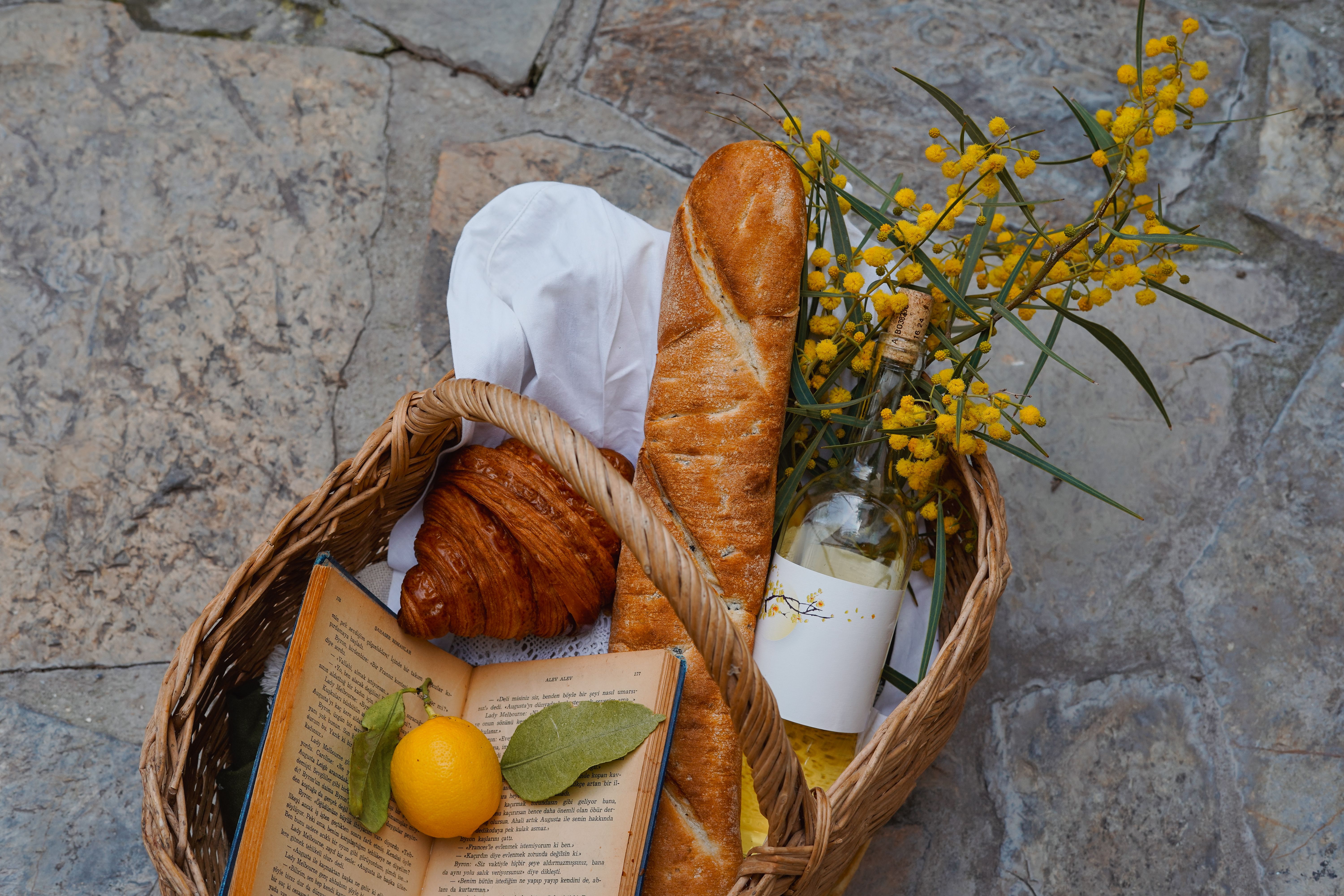 Rustic French Picnic Basket with Bread and Wine · Free Stock Photo