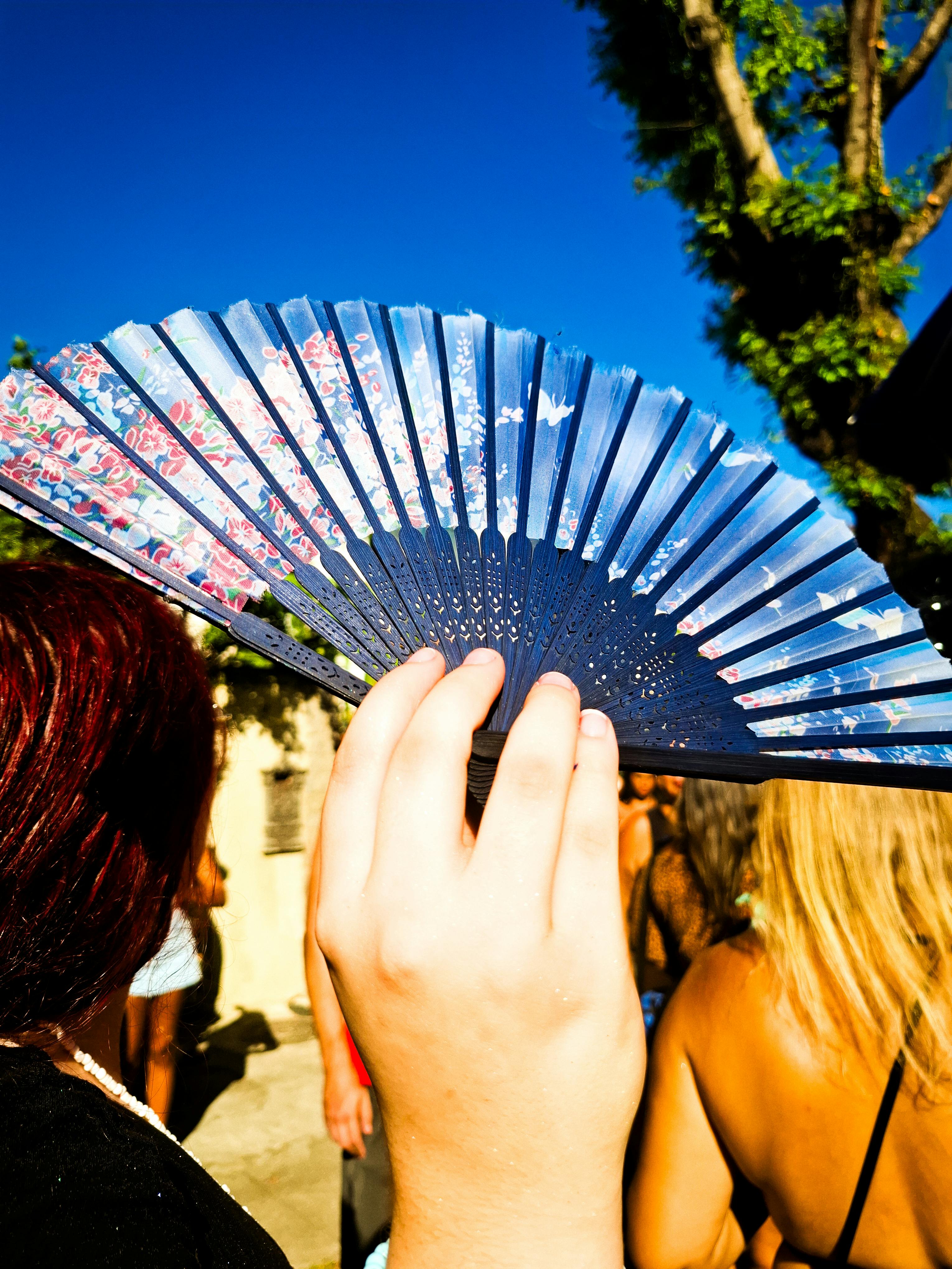 Colorful Hand Fan Held at Outdoor Festival · Free Stock Photo