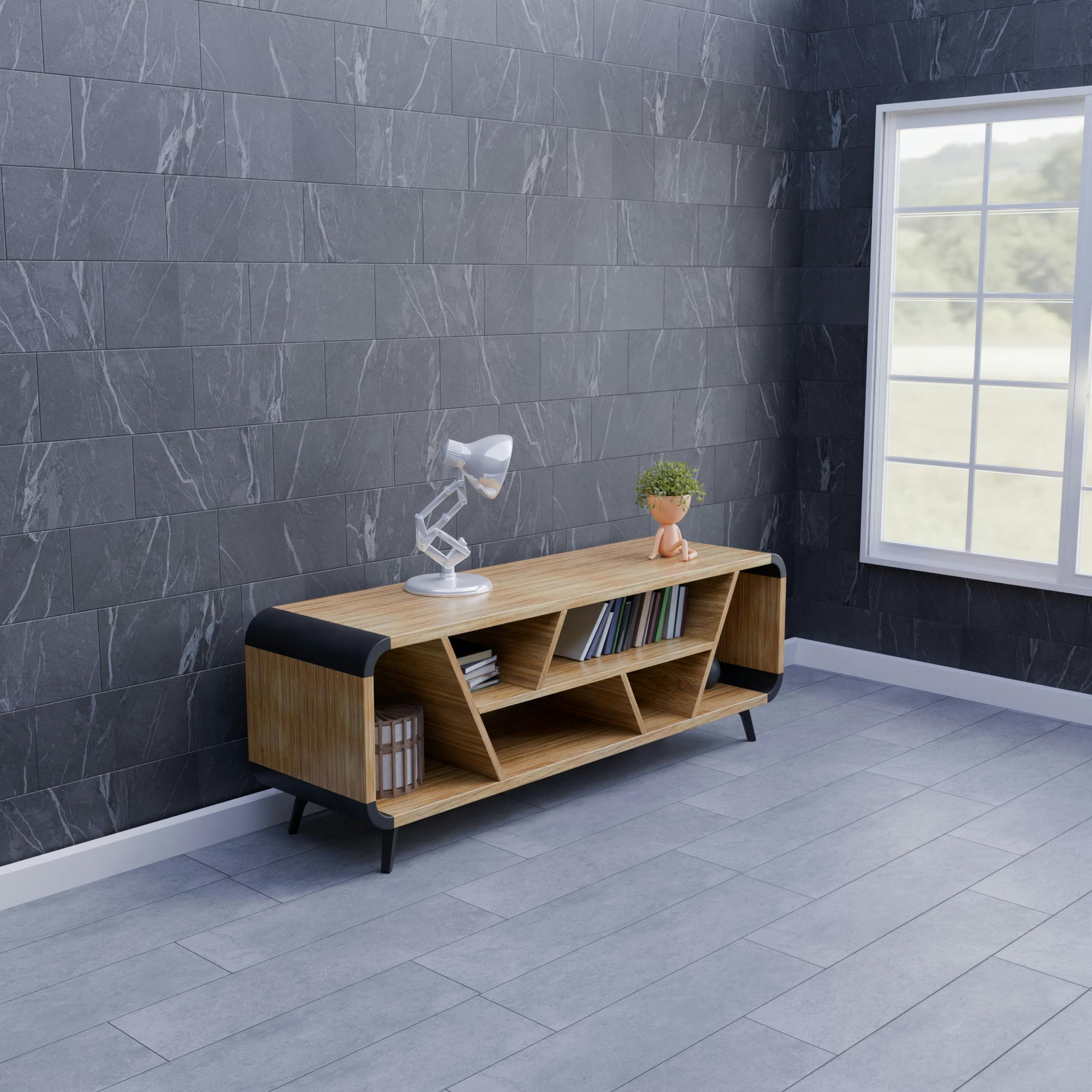 Modern Interior with Wooden TV Stand and Lamp · Free Stock Photo