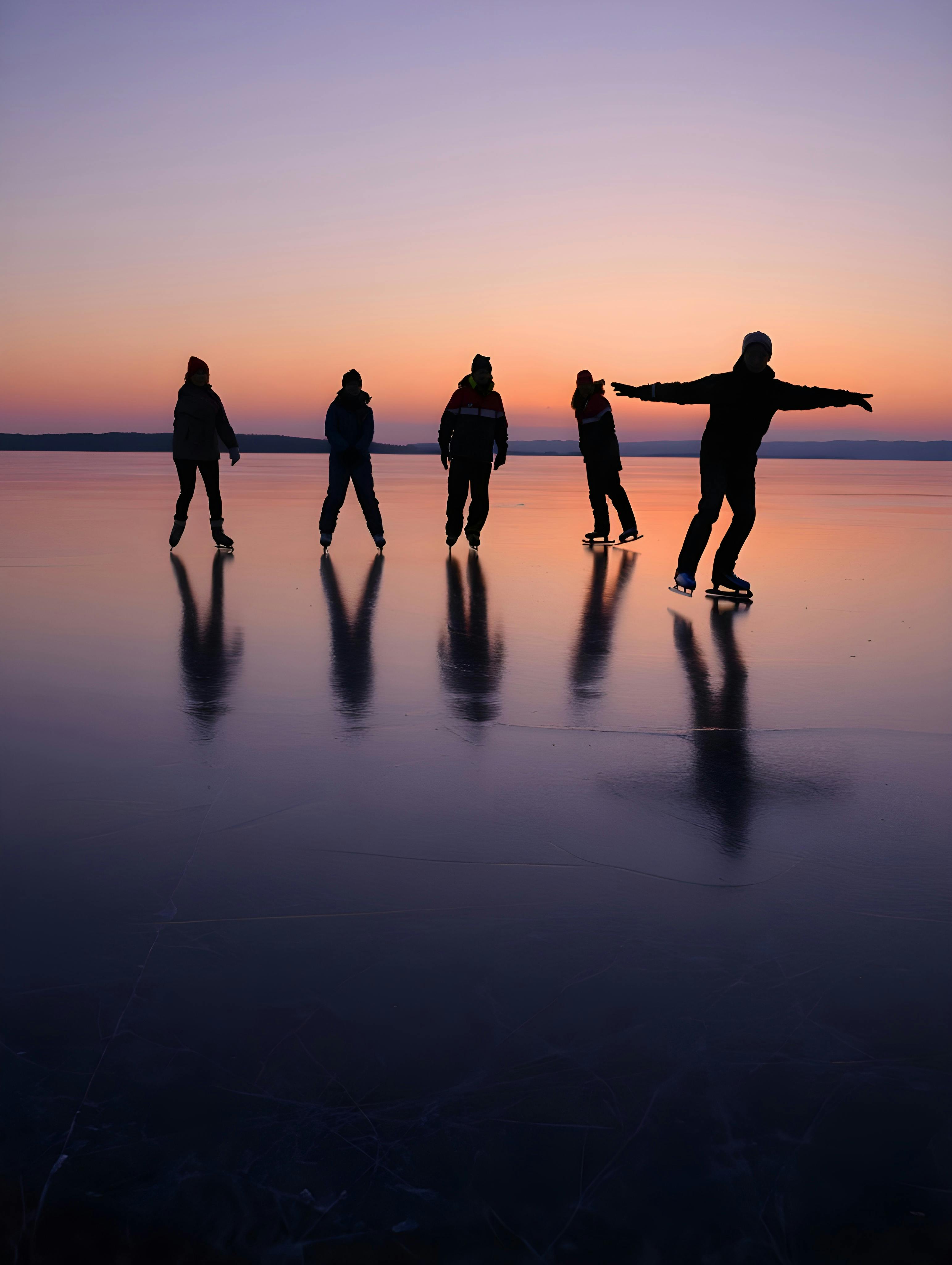 Group Ice Skating on Frozen Lake at Sunset · Free Stock Photo