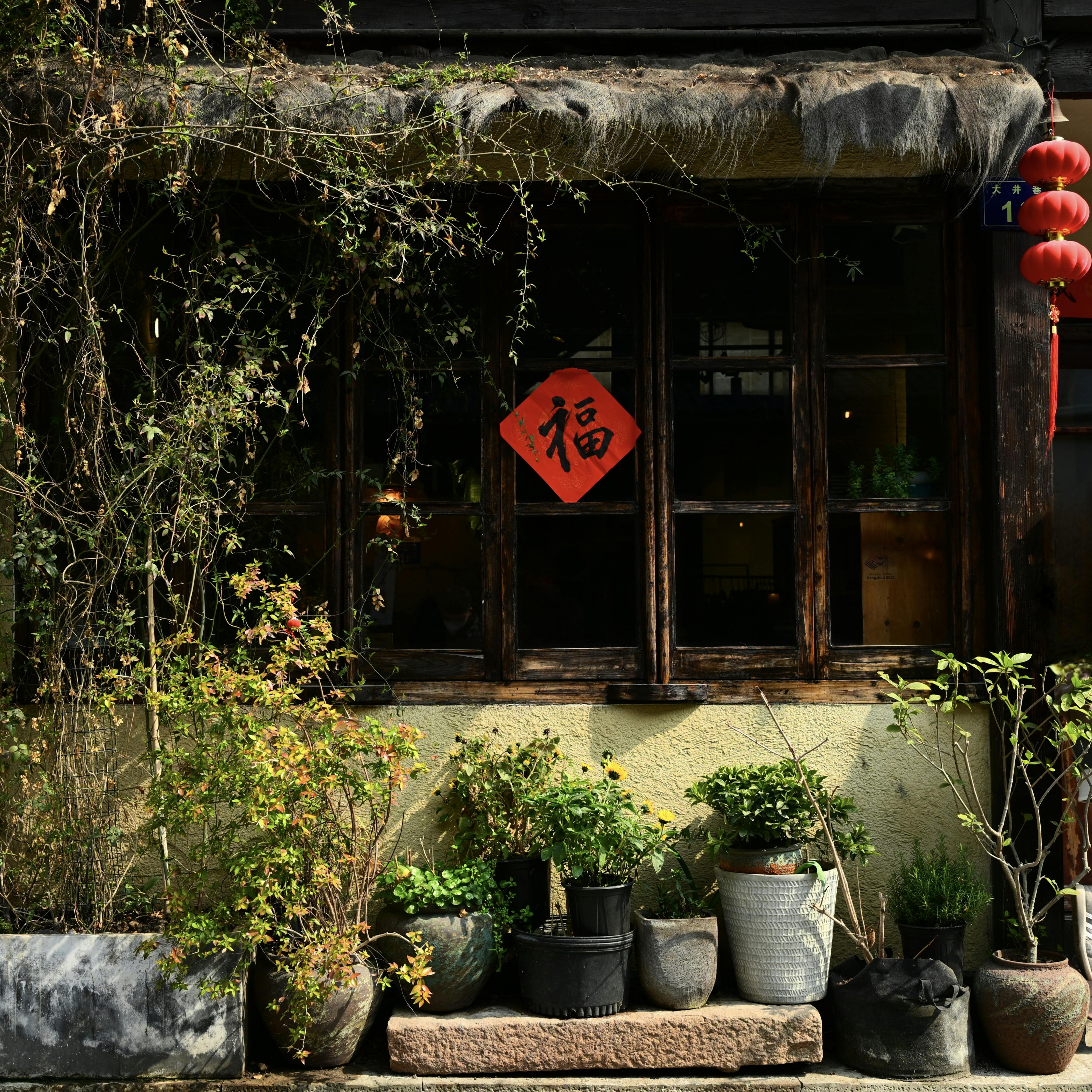 Charming Rustic Chinese Shop with Potted Plants · Free Stock Photo