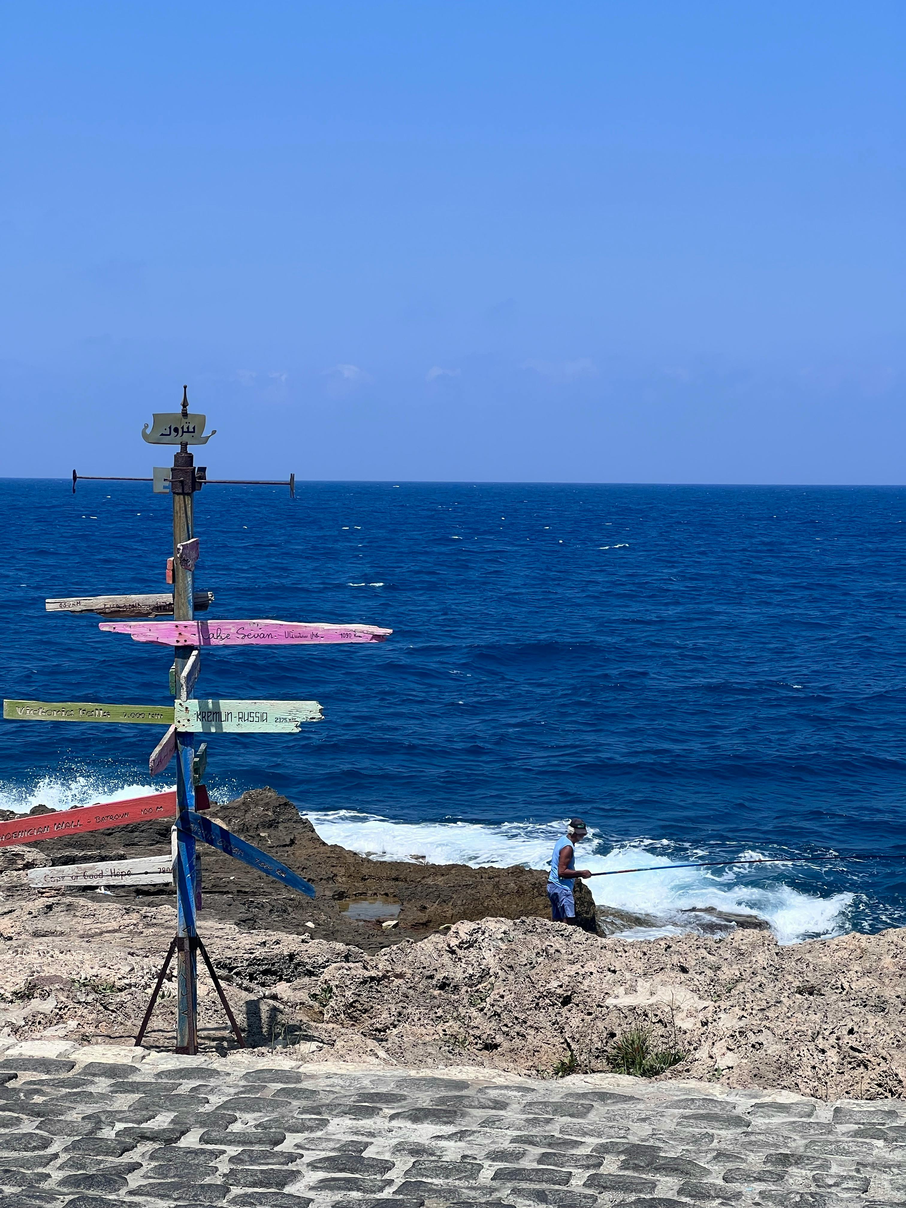 Coastal View with Colorful Signpost by the Sea · Free Stock Photo