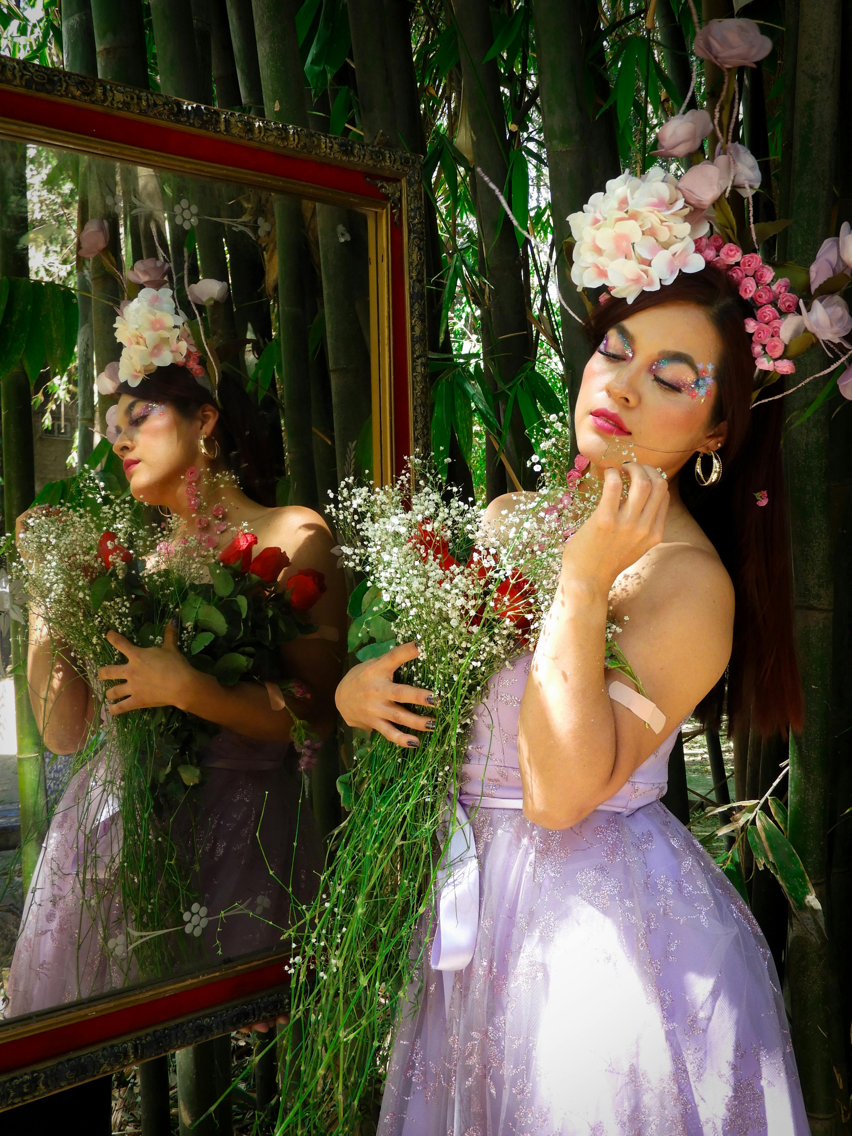 Elegant Woman with Floral Crown Reflection · Free Stock Photo