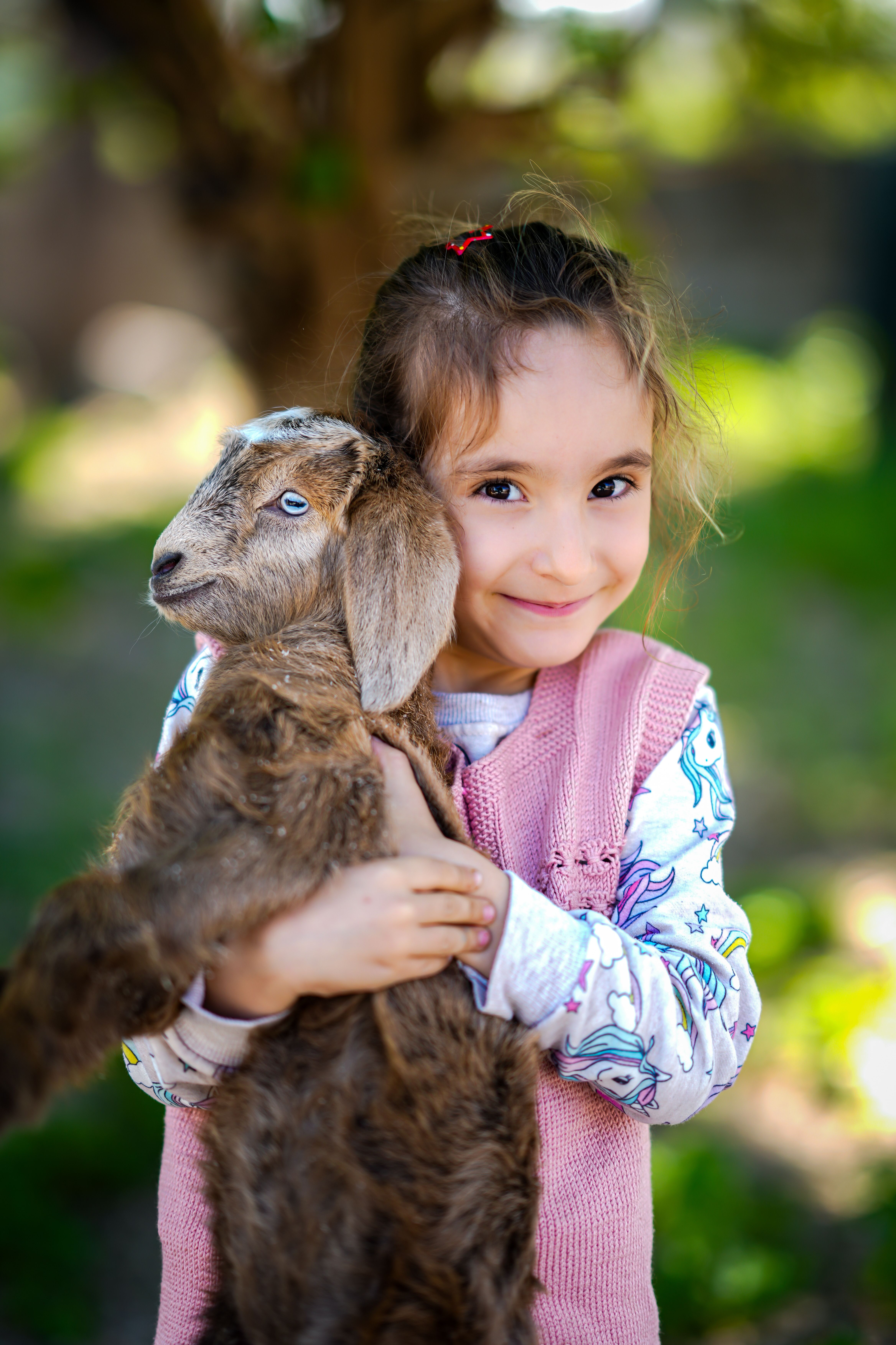 Smiling Child Holding a Baby Goat Outdoors · Free Stock Photo