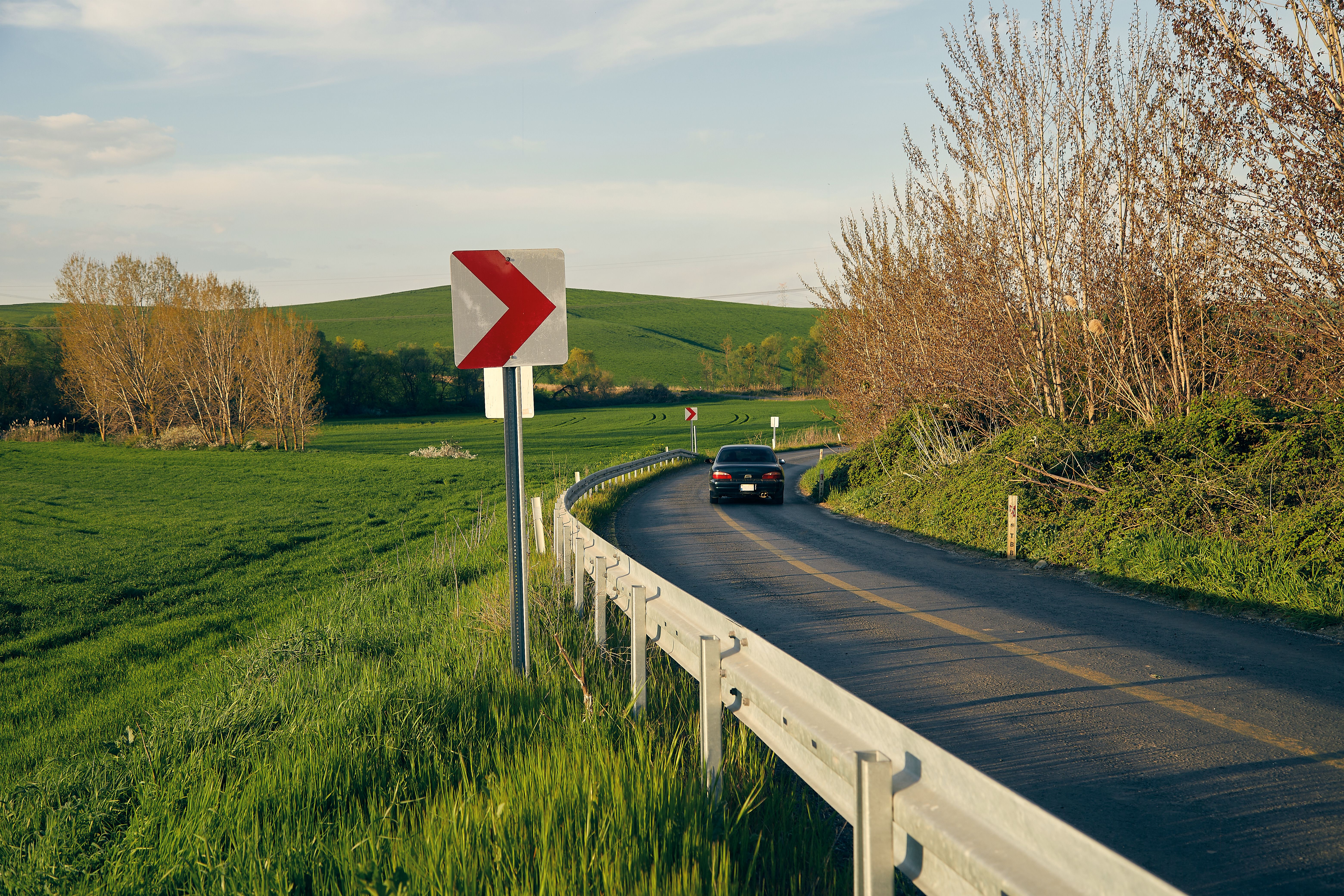 Scenic Spring Road with Car and Green Fields · Free Stock Photo