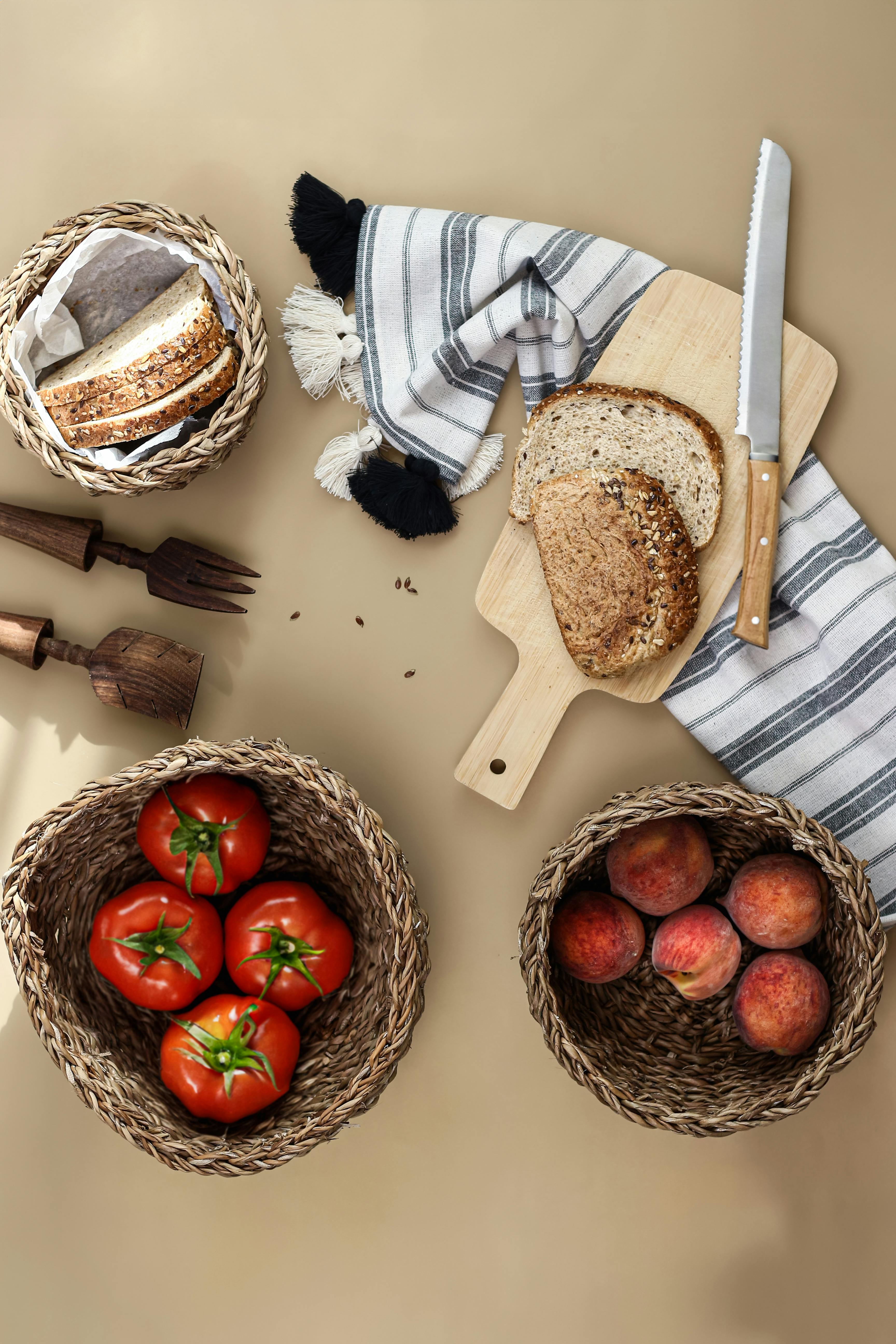 Rustic Flat Lay with Fresh Bread and Produce · Free Stock Photo