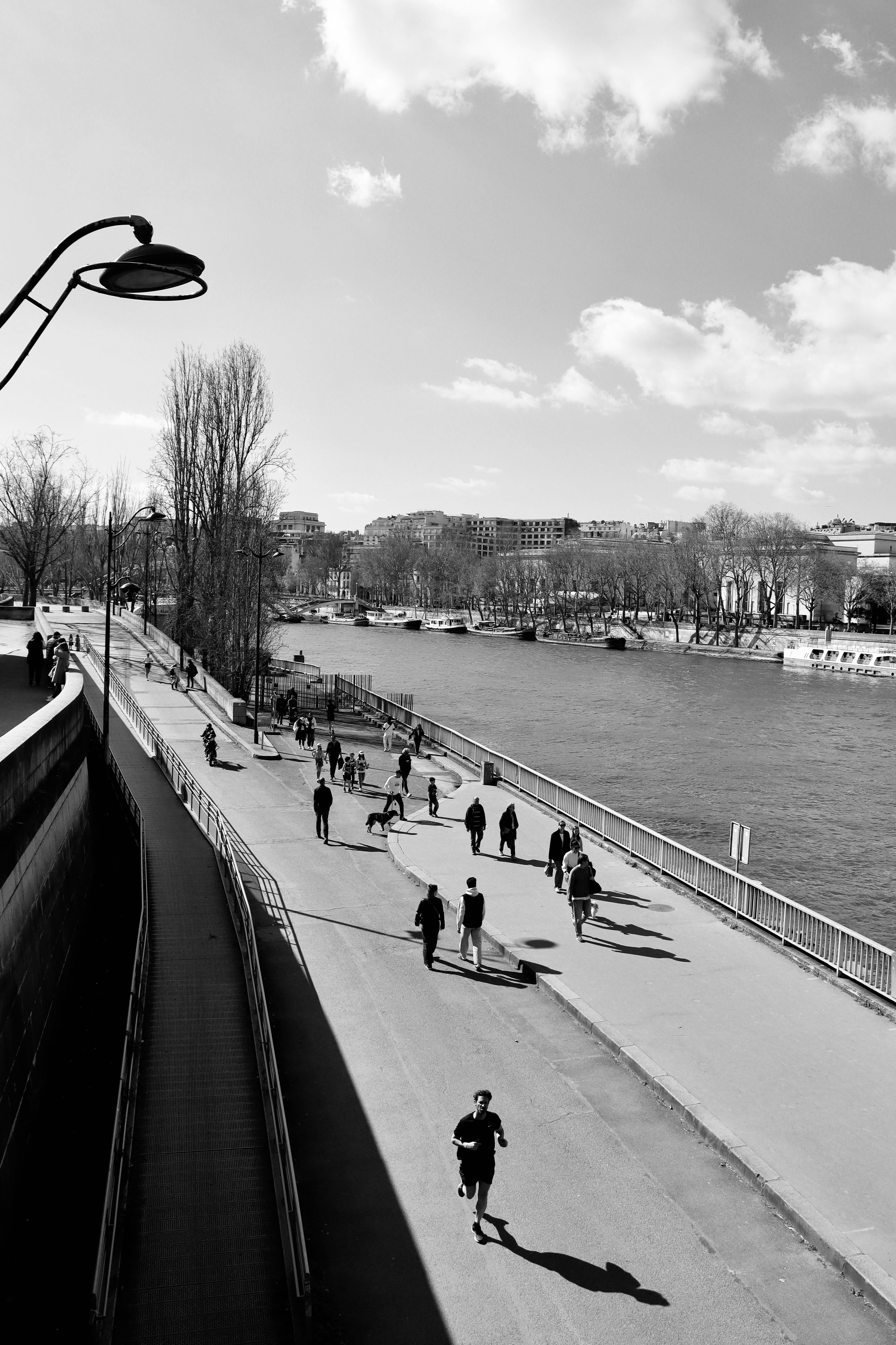 Scenic Riverside Walkway in Black and White · Free Stock Photo