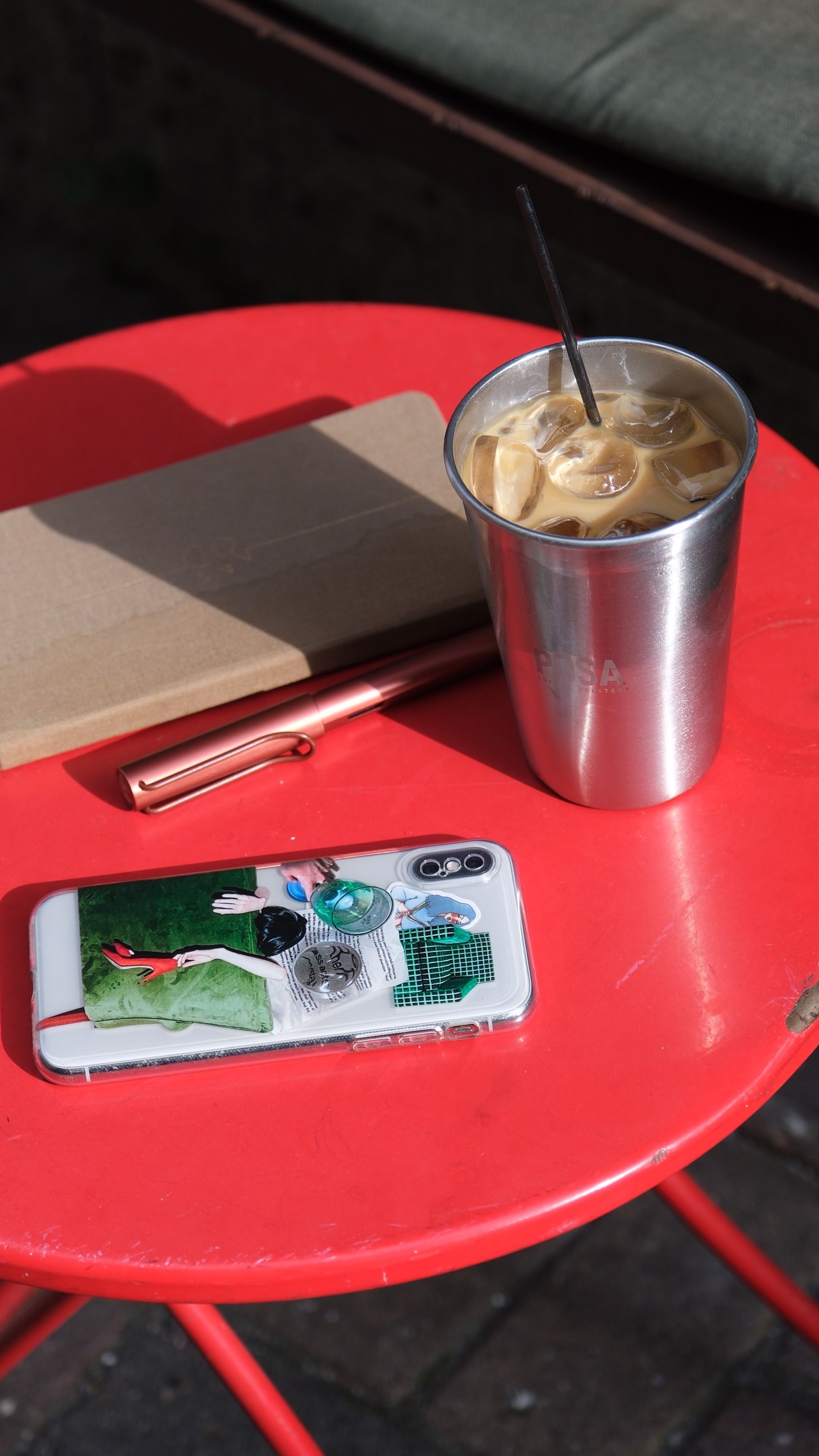 Iced Coffee with Smartphone on Red Table · Free Stock Photo