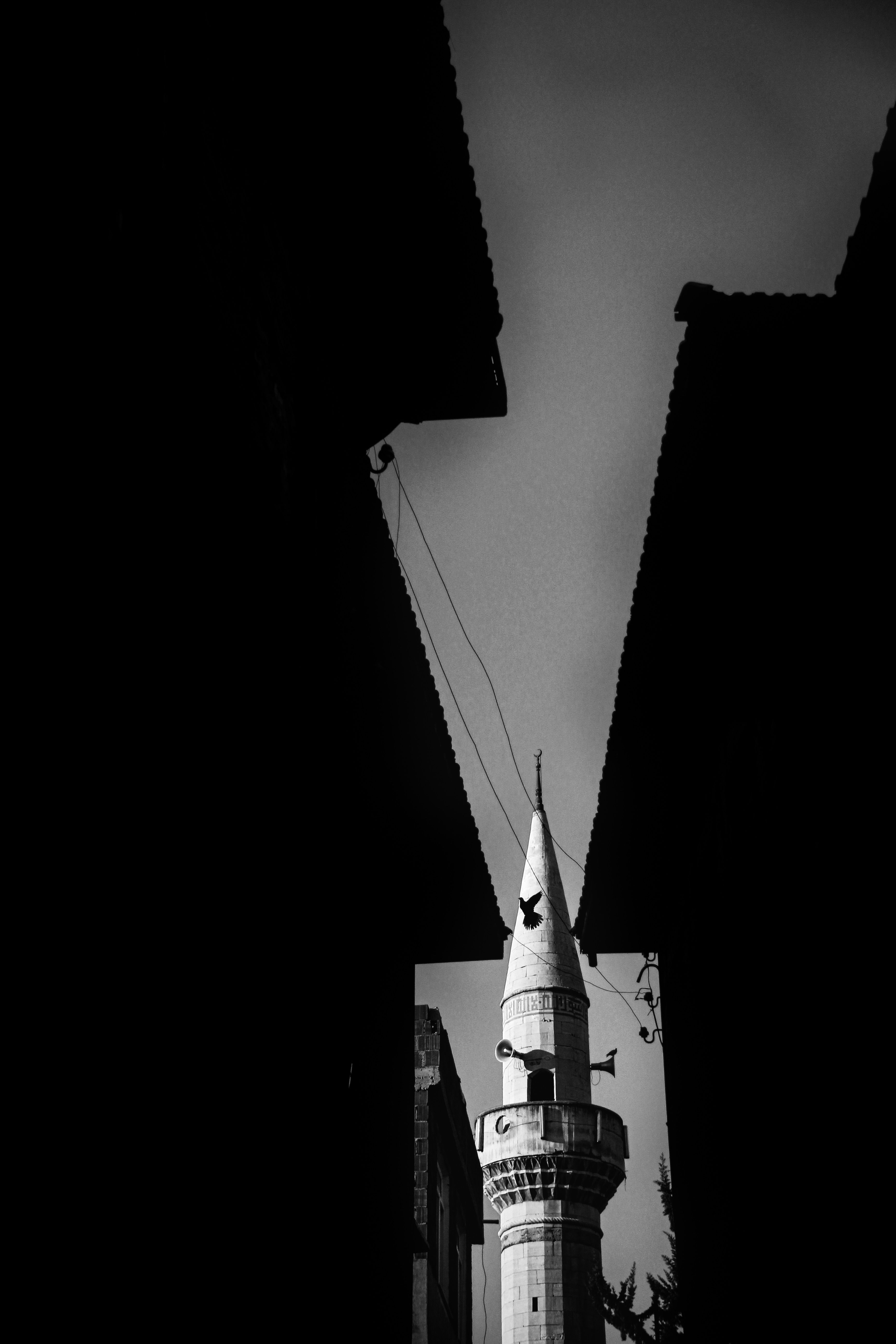 Dramatic Black and White Minaret Framed by Buildings · Free Stock Photo