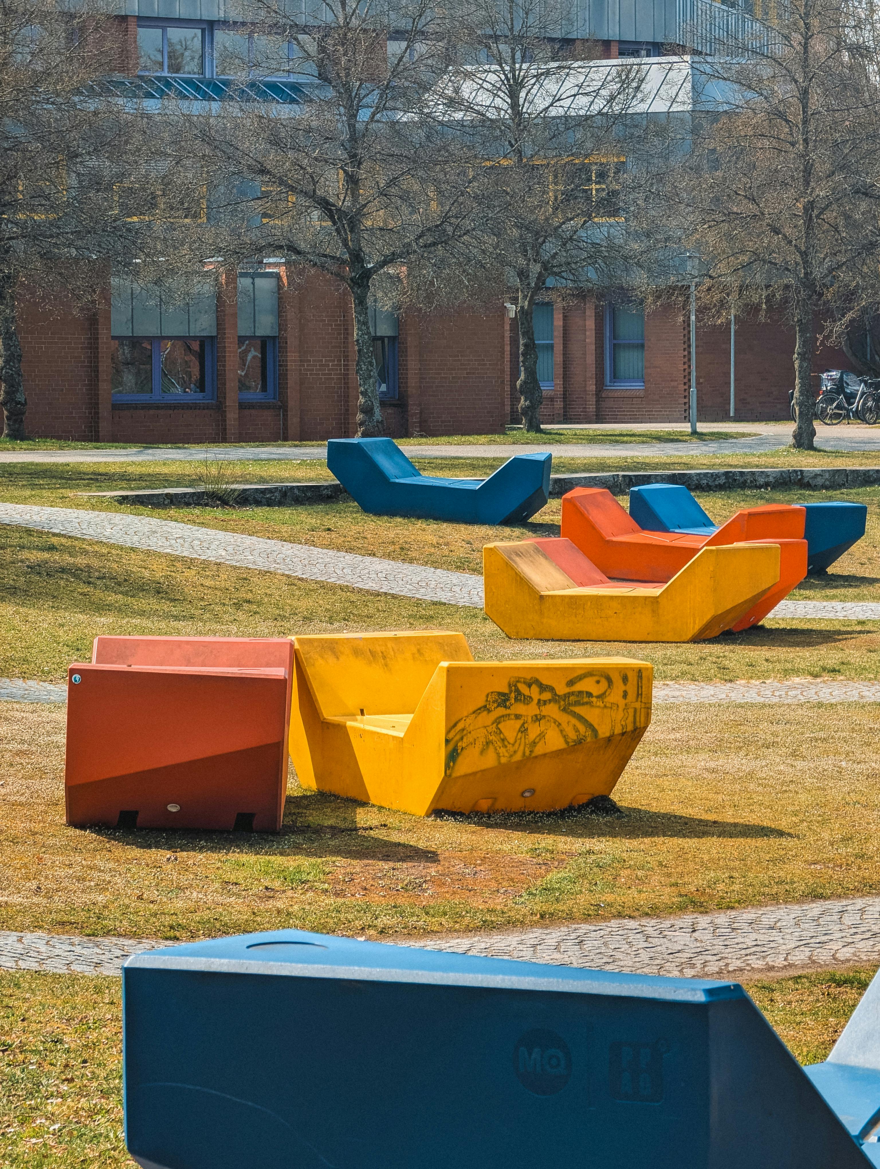 Colorful Geometric Benches in Urban Park · Free Stock Photo