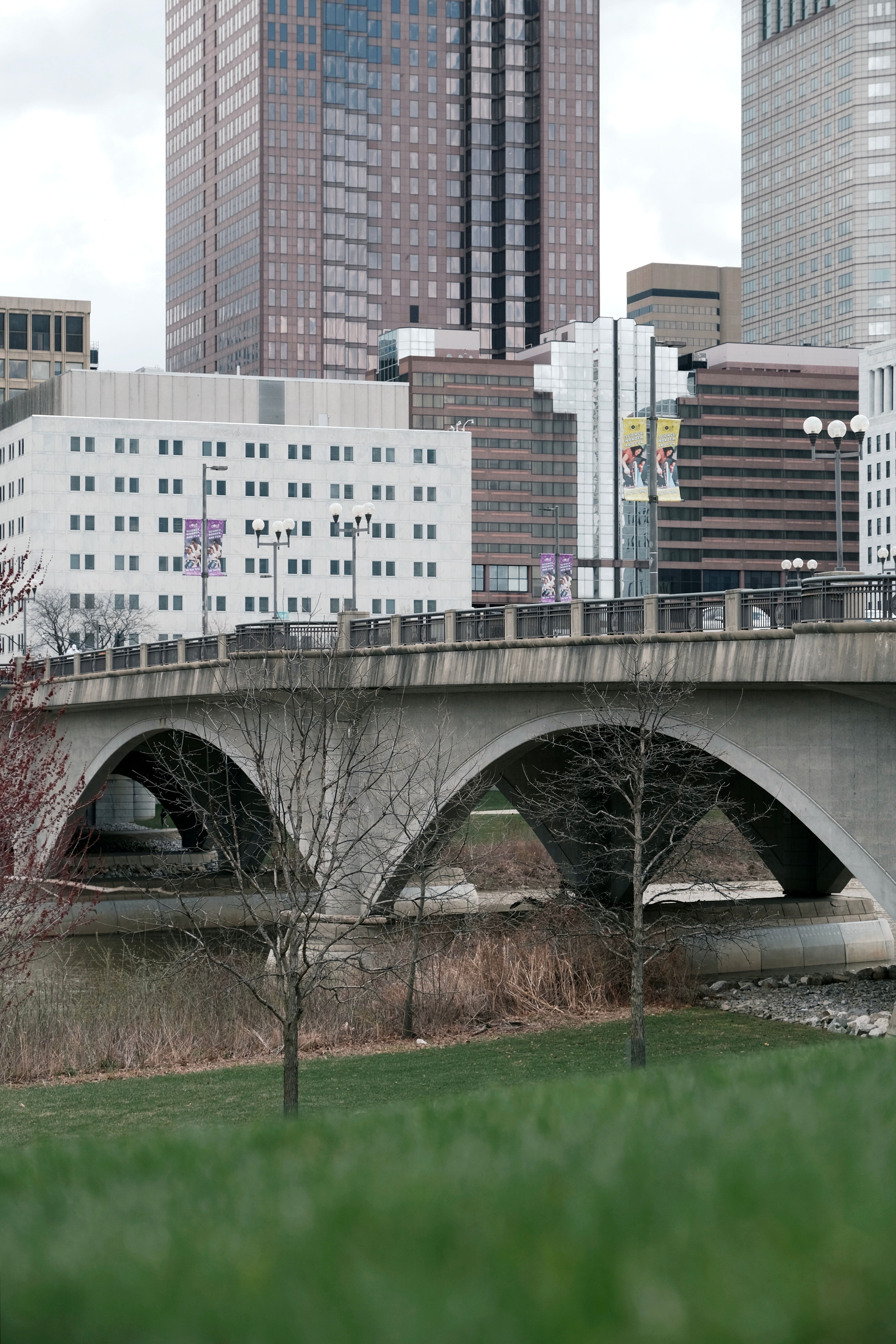Urban Bridge and Skyscrapers Overlook City River · Free Stock Photo
