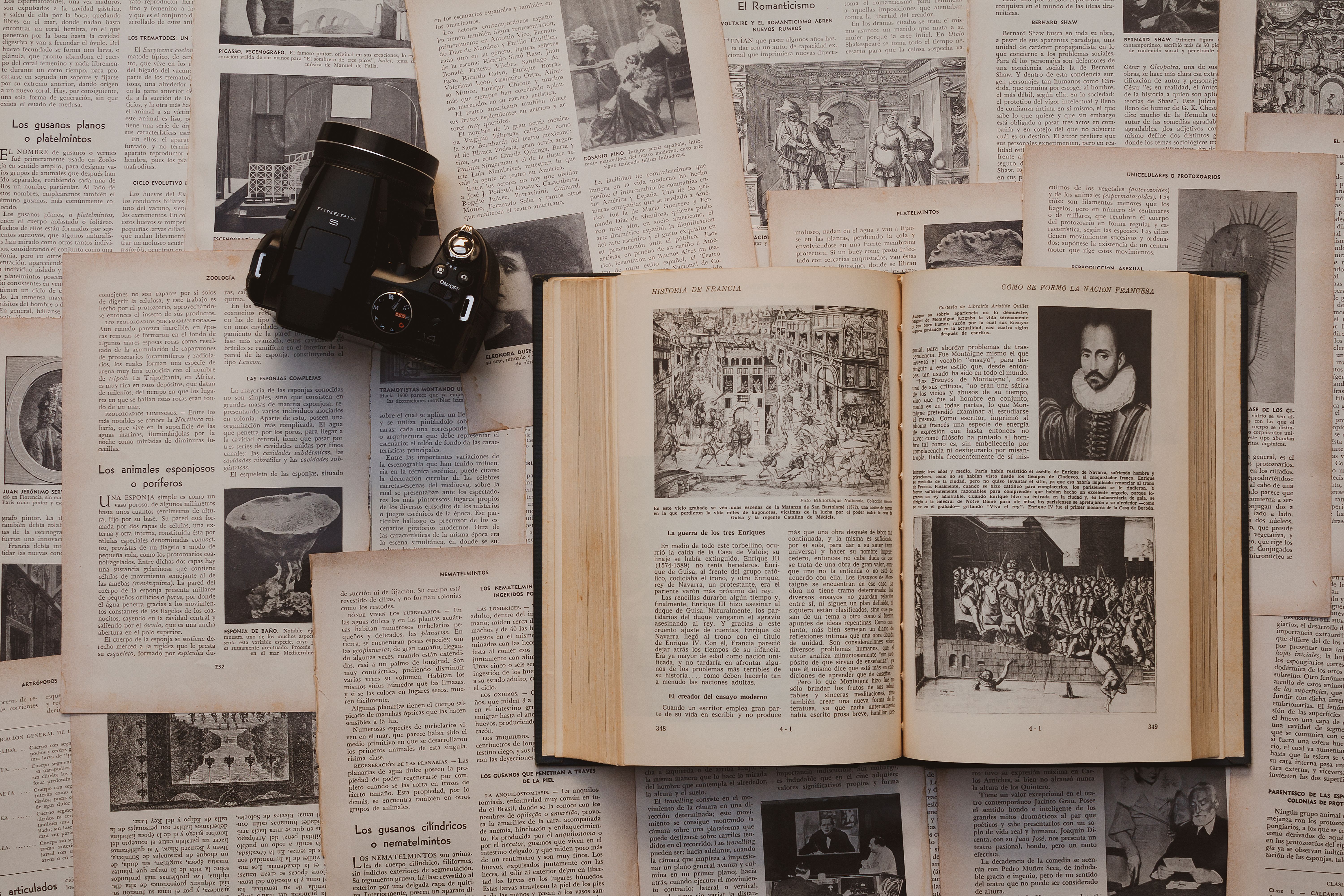 Vintage Book and Camera Flat Lay with Historical Texts · Free Stock Photo