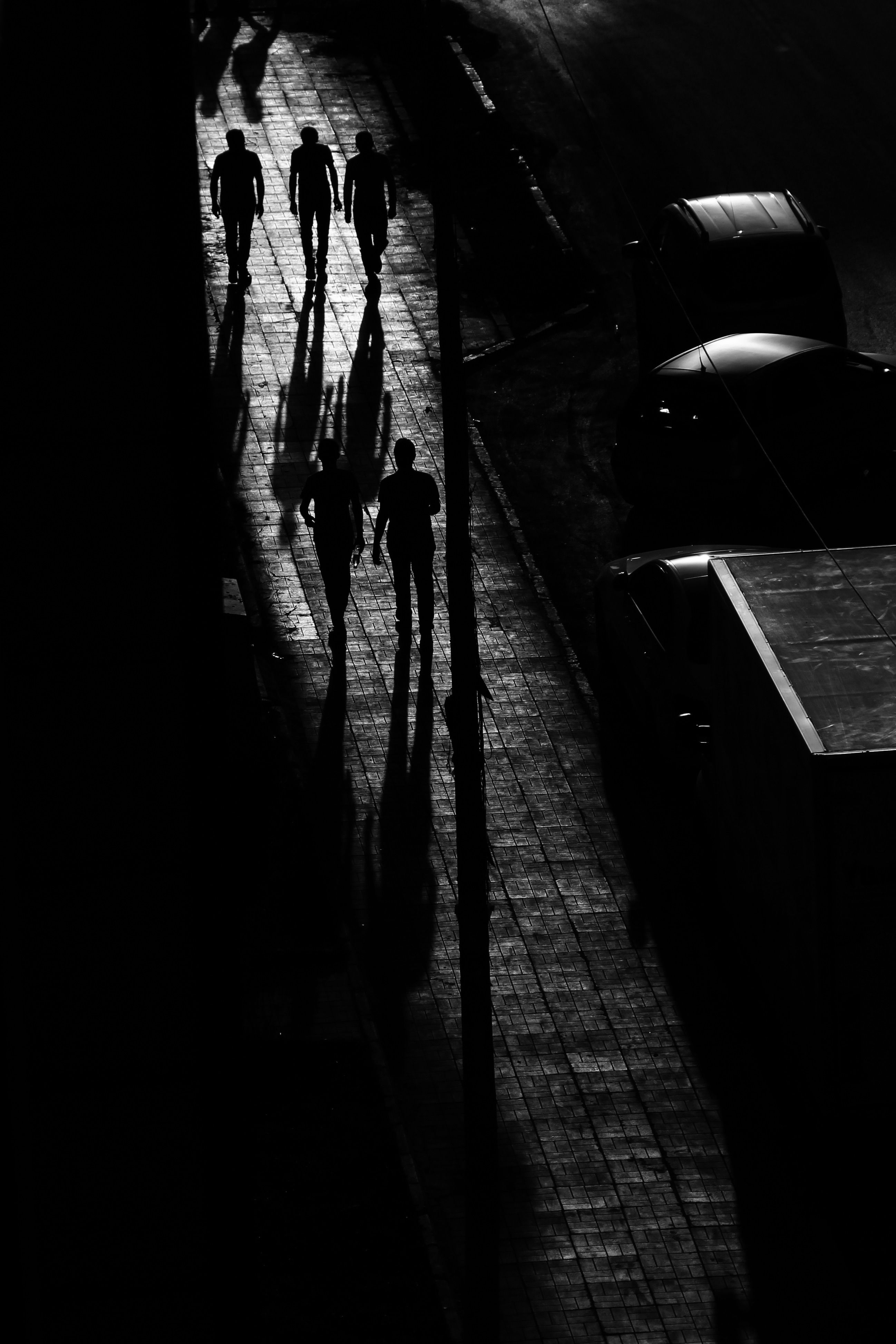 Silhouetted Figures Cast Long Shadows on Urban Street · Free Stock Photo