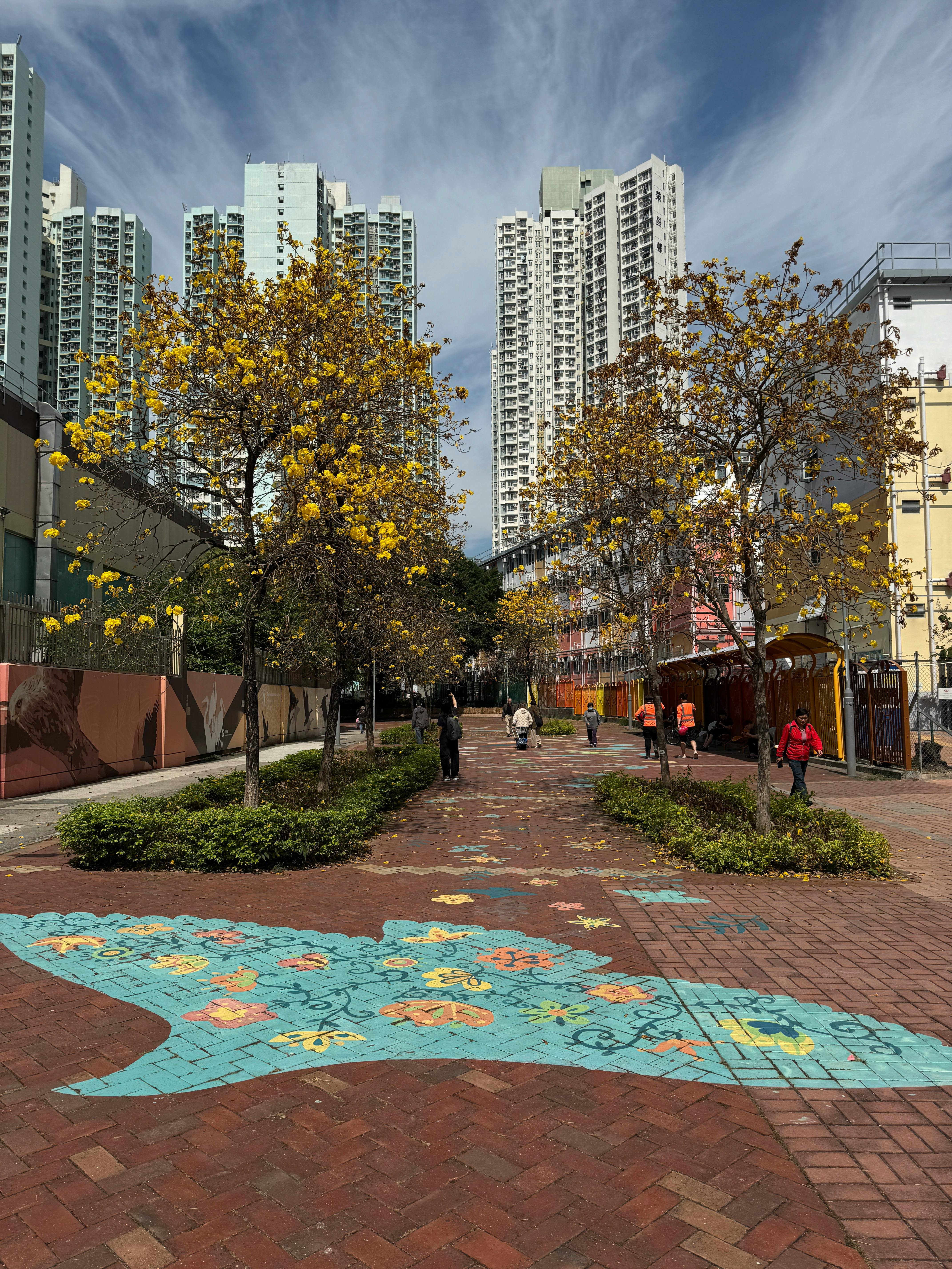 Urban Pathway with Vibrant Street Art and Yellow Trees · Free Stock Photo