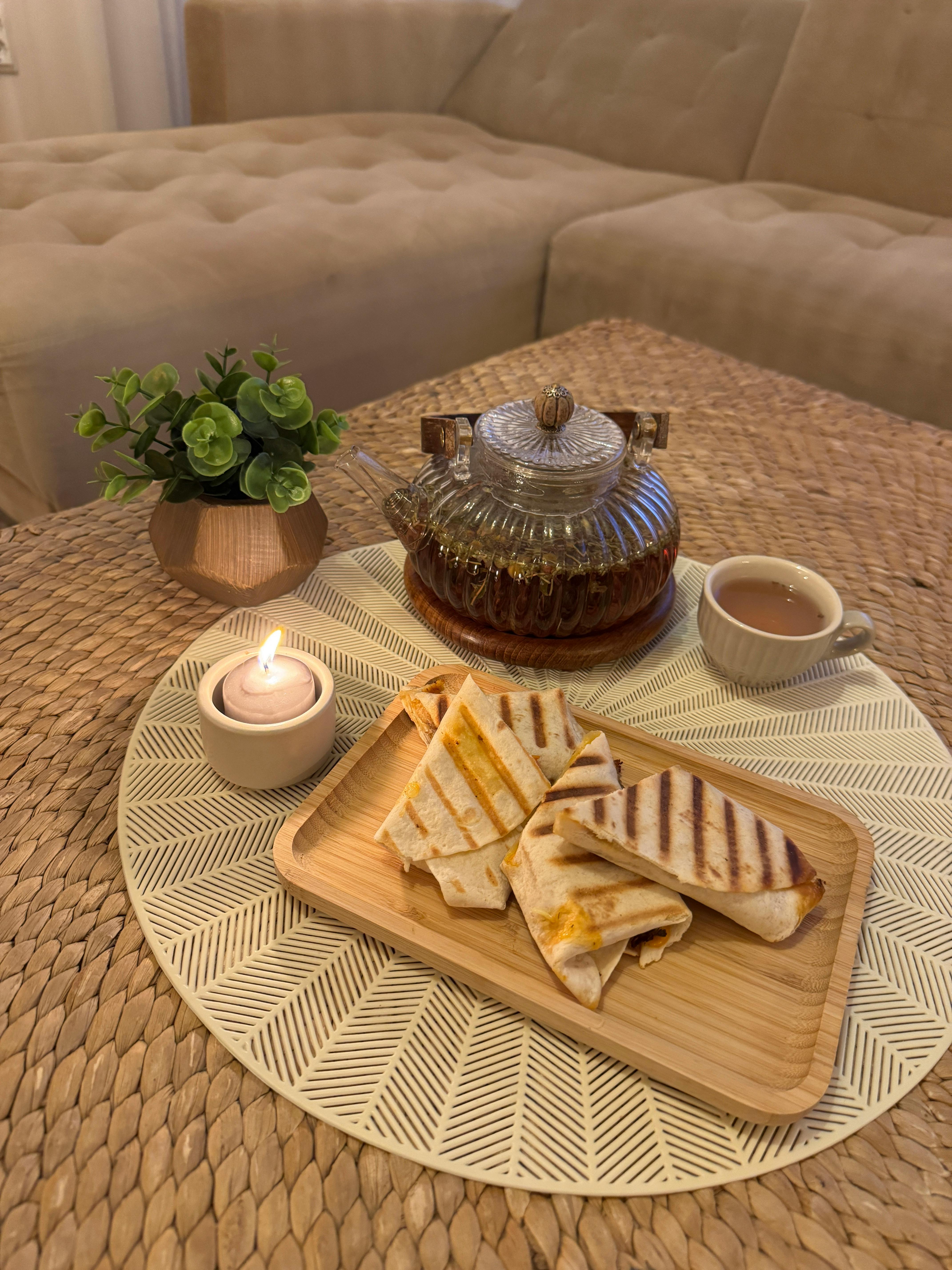 Cozy Indoor Tea Setup with Quesadillas · Free Stock Photo