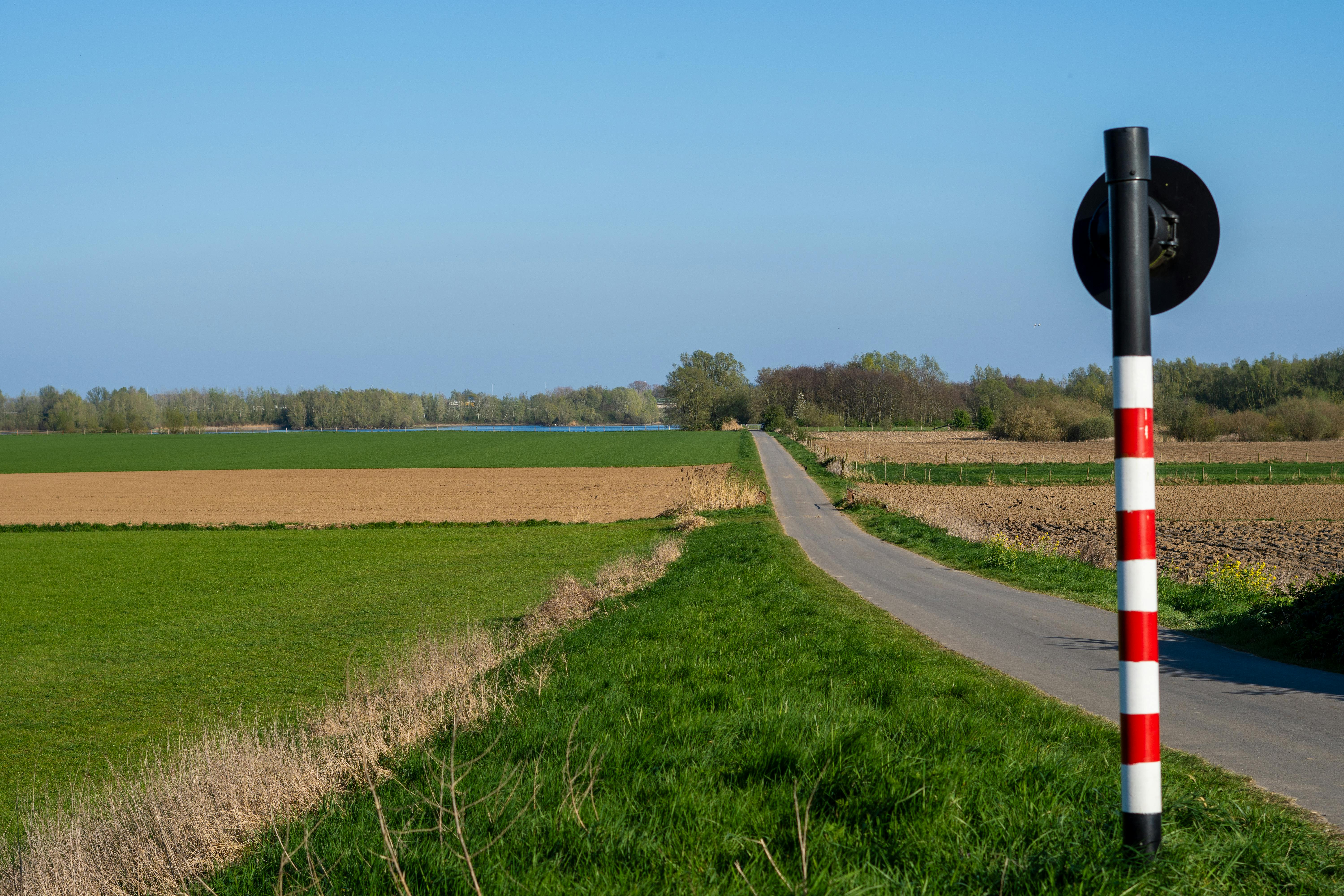 Rural Road with Red Stripe Post in Spring Landscape · Free Stock Photo
