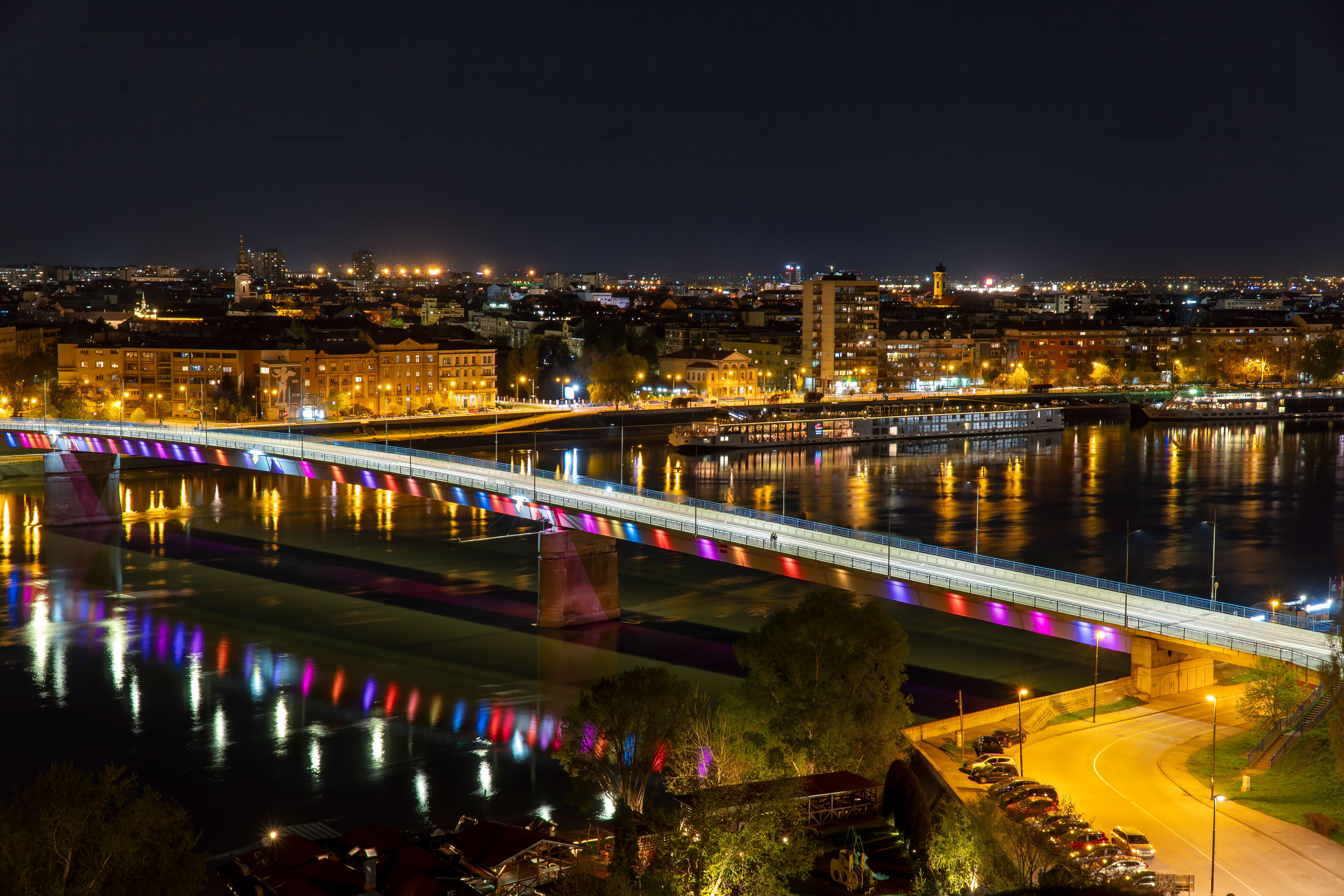 Illuminated Bridge Over Danube River at Night in Novi Sad · Free Stock ...
