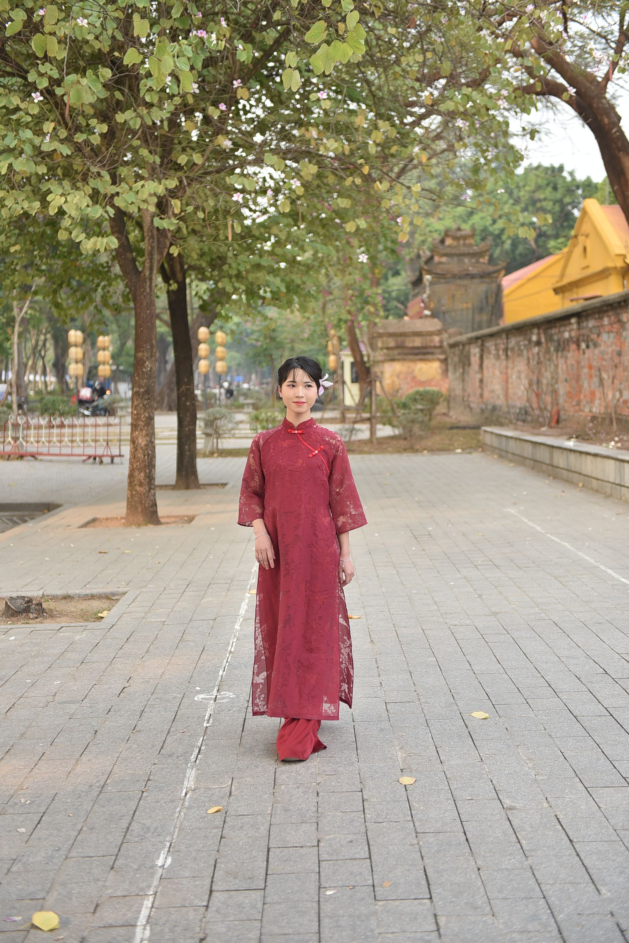 Elegant Woman in Traditional Red Dress on Leafy Street · Free Stock Photo