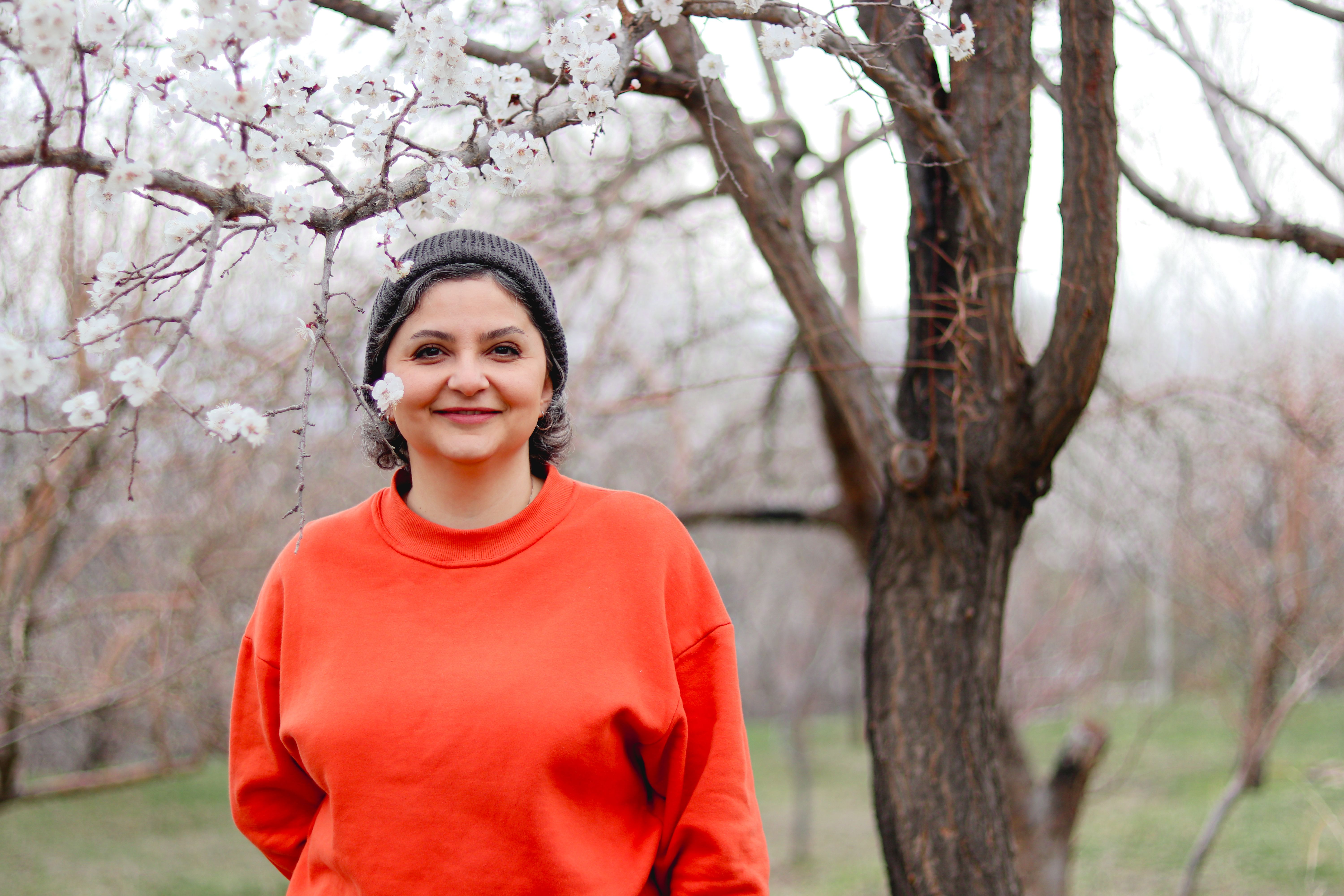 Woman in Orange Sweater Among Cherry Blossoms · Free Stock Photo