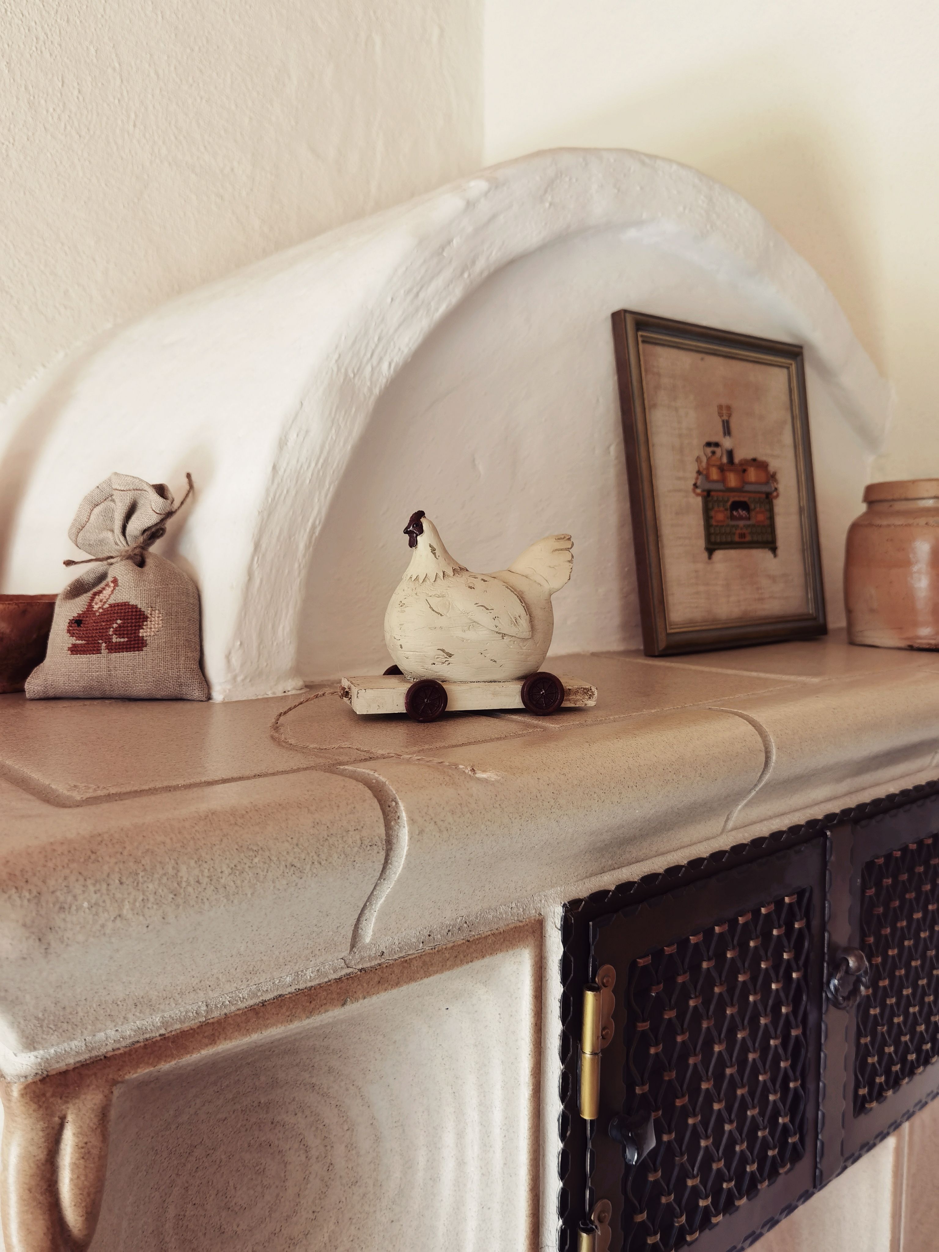 Rustic Shelf Decor with Ceramic Chicken and Art Frame · Free Stock Photo