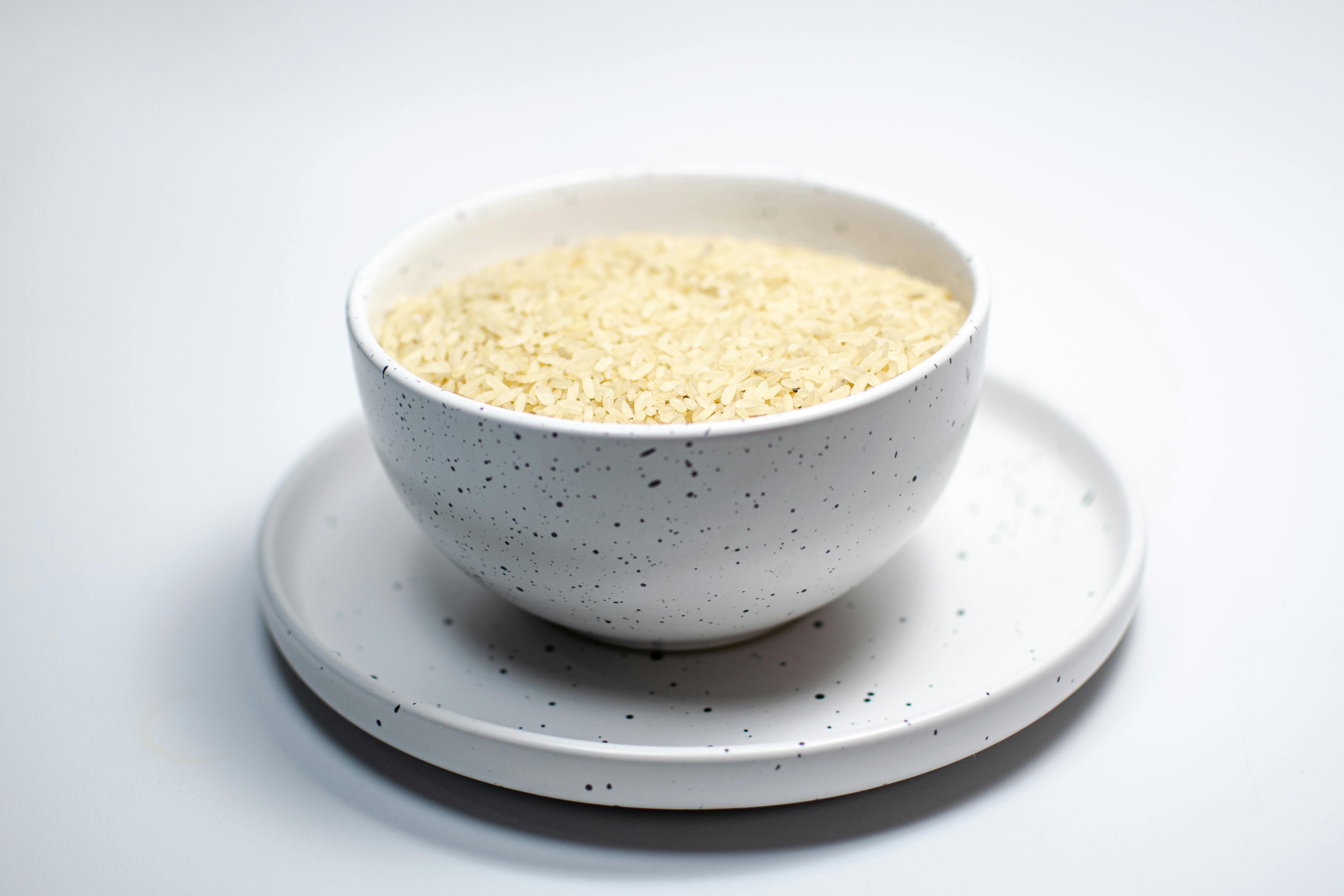 Speckled Ceramic Bowl with Uncooked Rice · Free Stock Photo