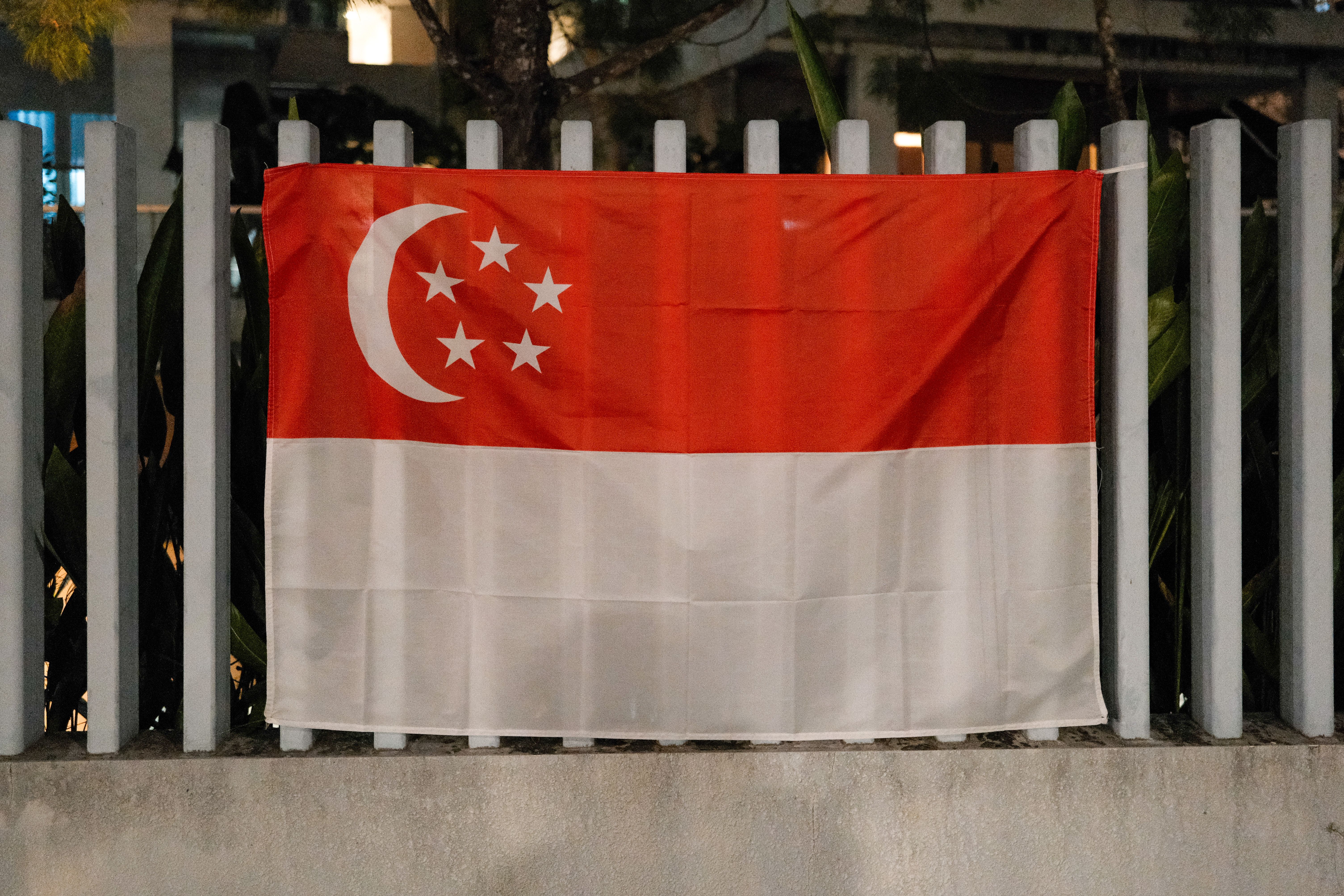 Singapore National Flag on Metal Fence at Night · Free Stock Photo