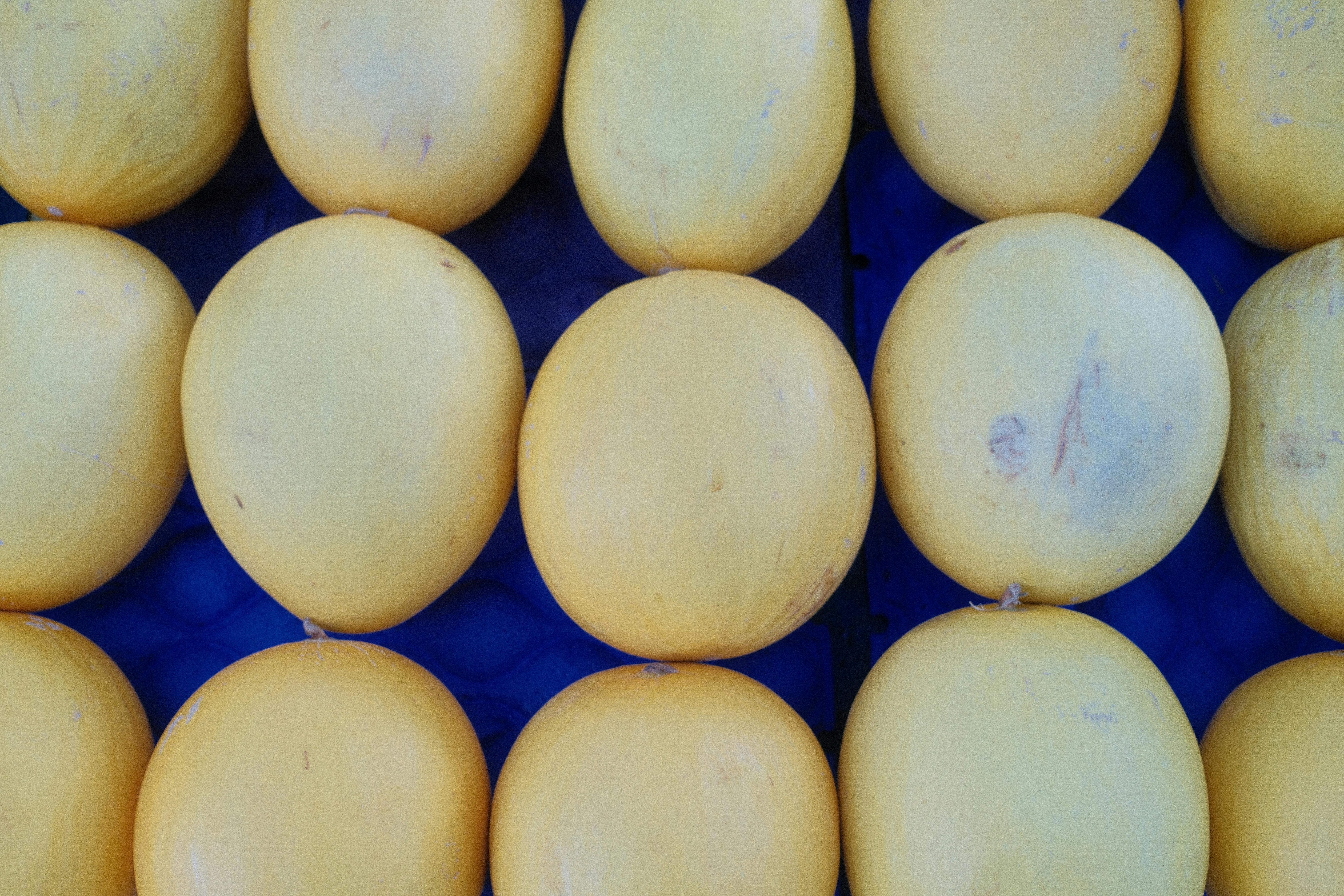 Flat Lay of Fresh Yellow Melons on Blue Surface · Free Stock Photo