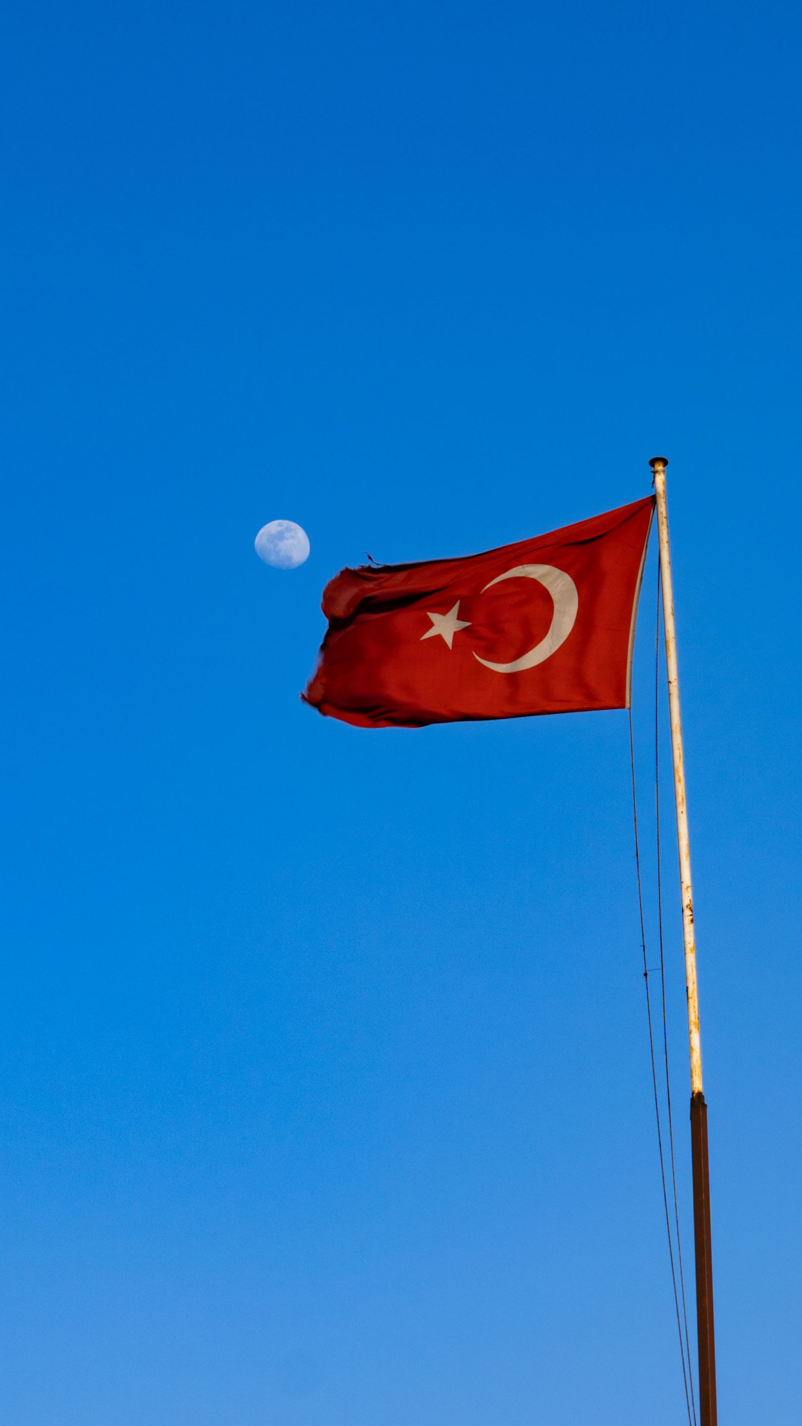 Turkish Flag Against Moon and Clear Blue Sky · Free Stock Photo