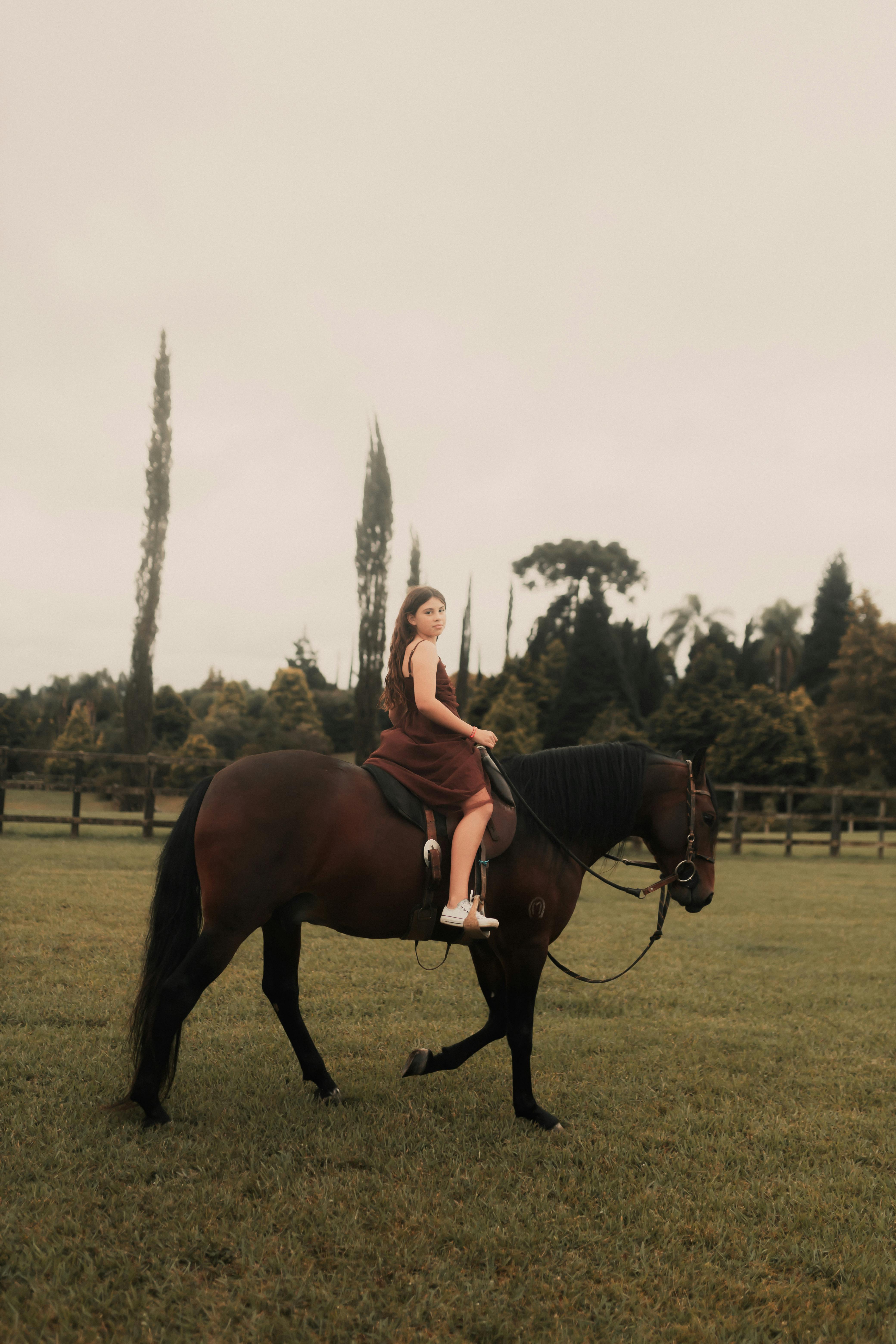 Young Girl Riding Horse in Idyllic Countryside Setting · Free Stock Photo
