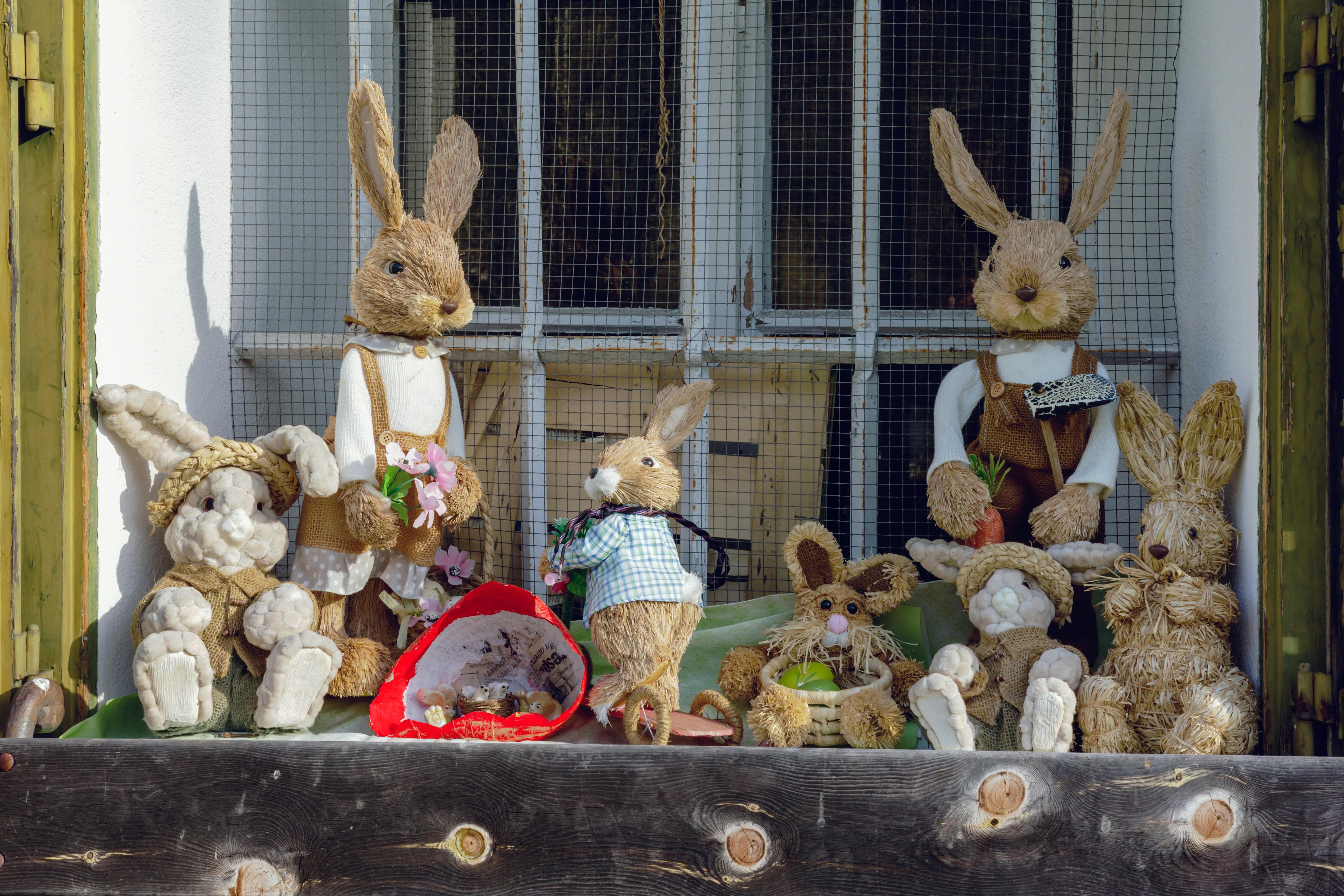 Charming Easter Bunny Display on Rustic Window · Free Stock Photo