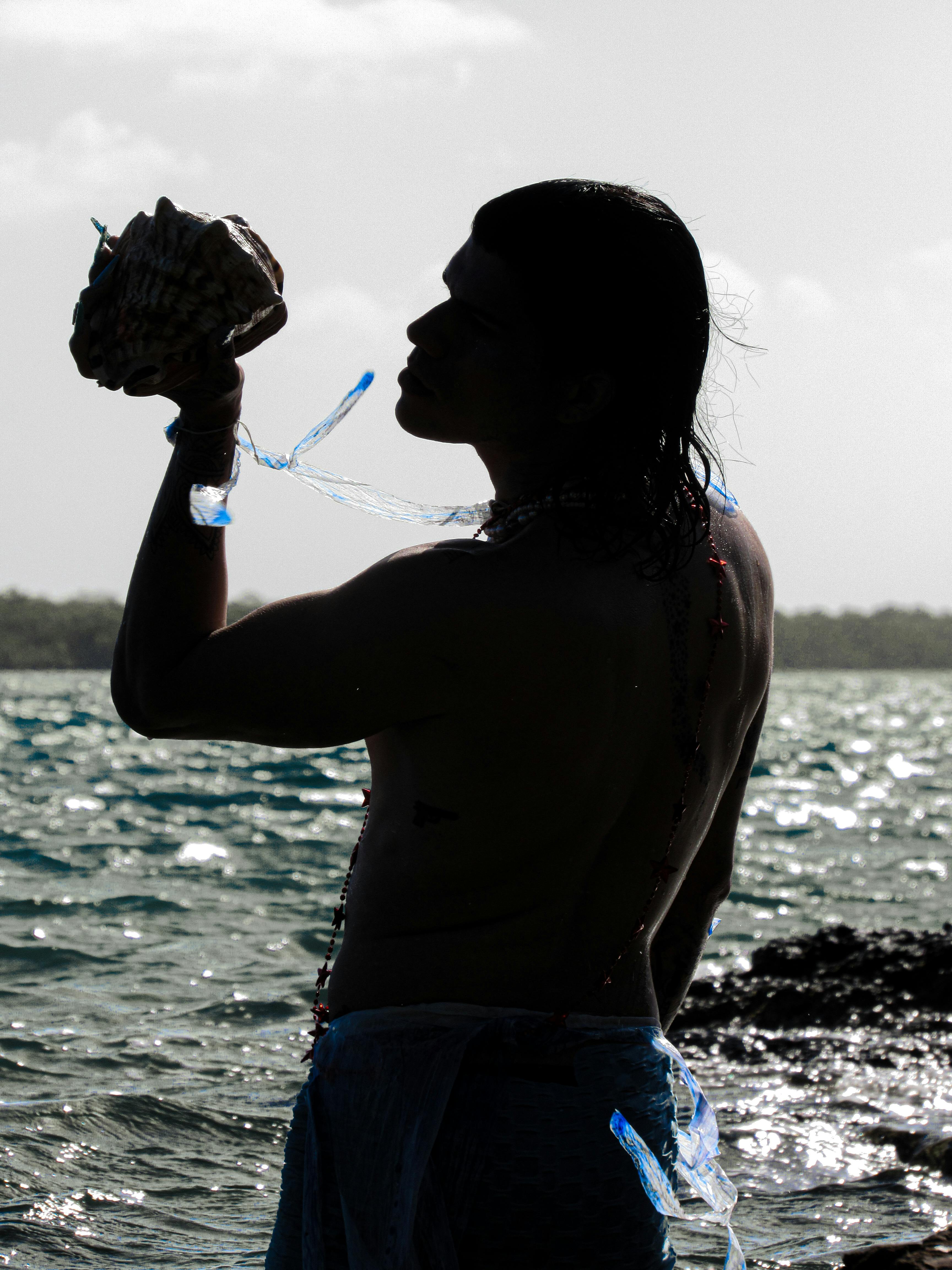 Silhouette of Person with Conch Shell by the Ocean · Free Stock Photo