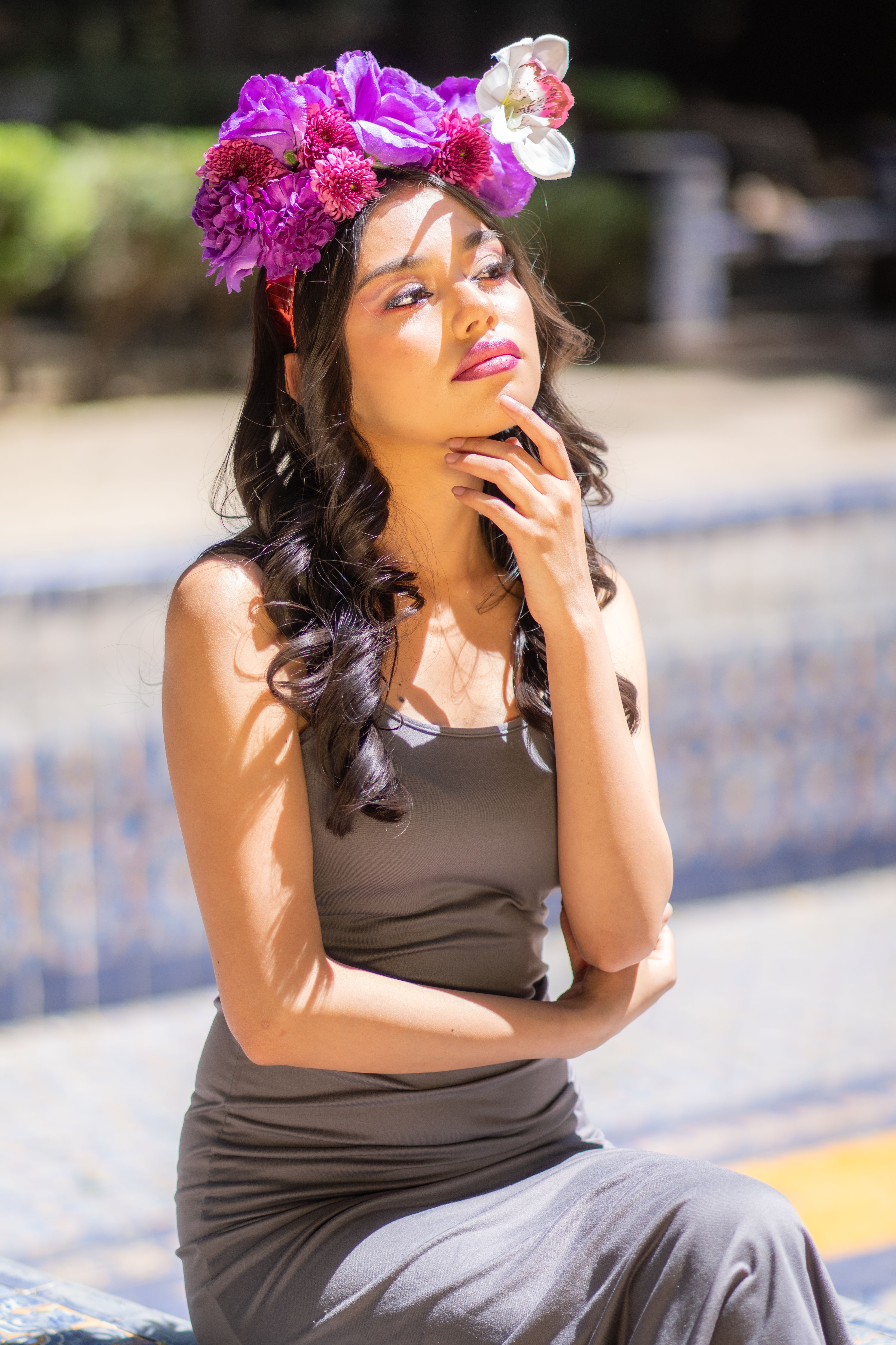 Elegant Latina Woman In Sunlight With Floral Crown Free Stock Photo