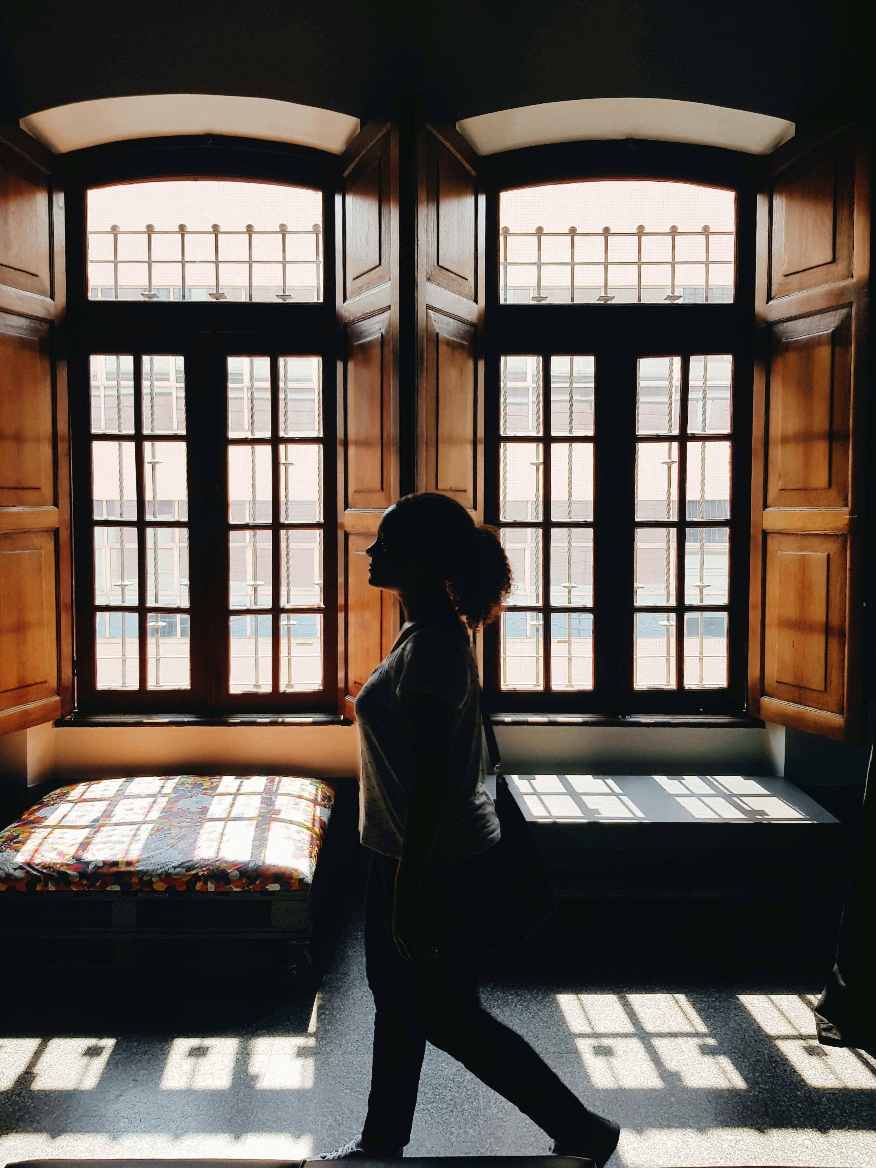 Silhouette of Woman Walking Past Windows · Free Stock Photo