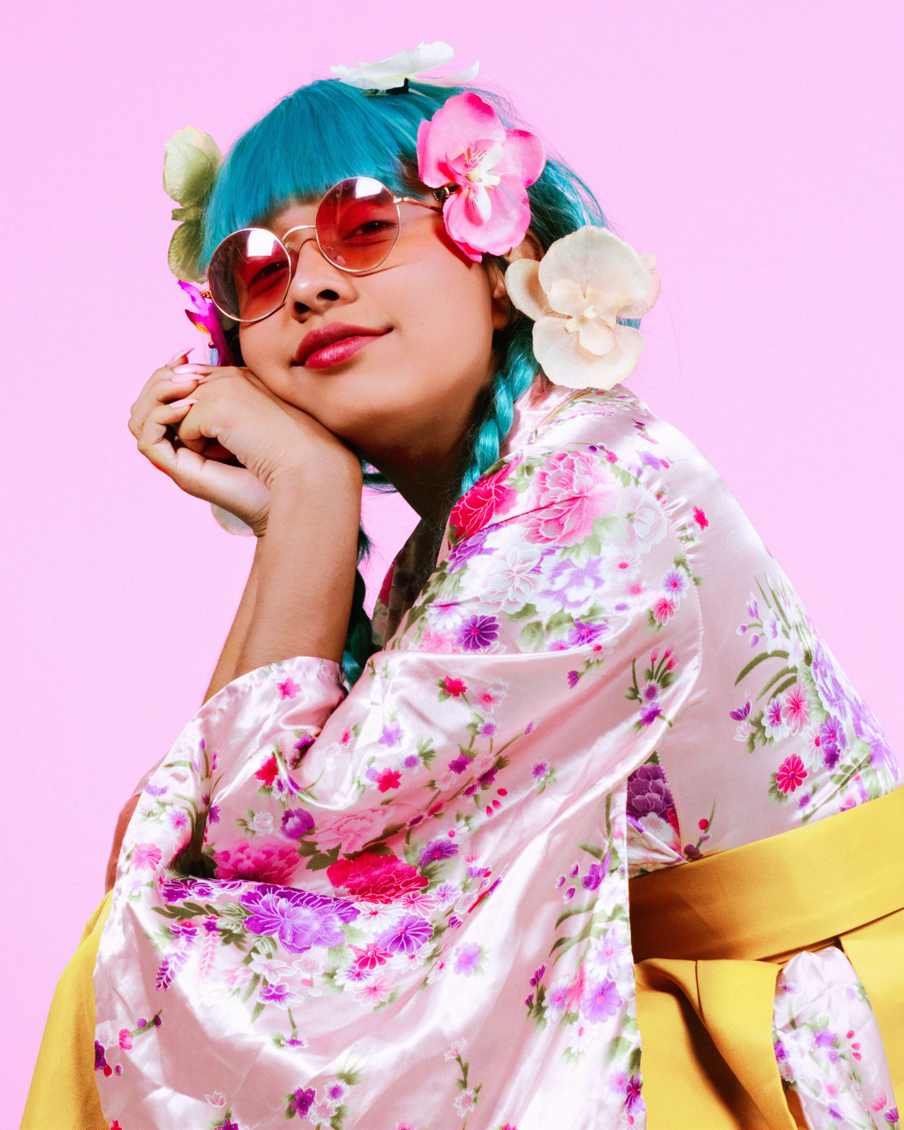 Colorful Cosplay Portrait with Floral Kimono · Free Stock Photo