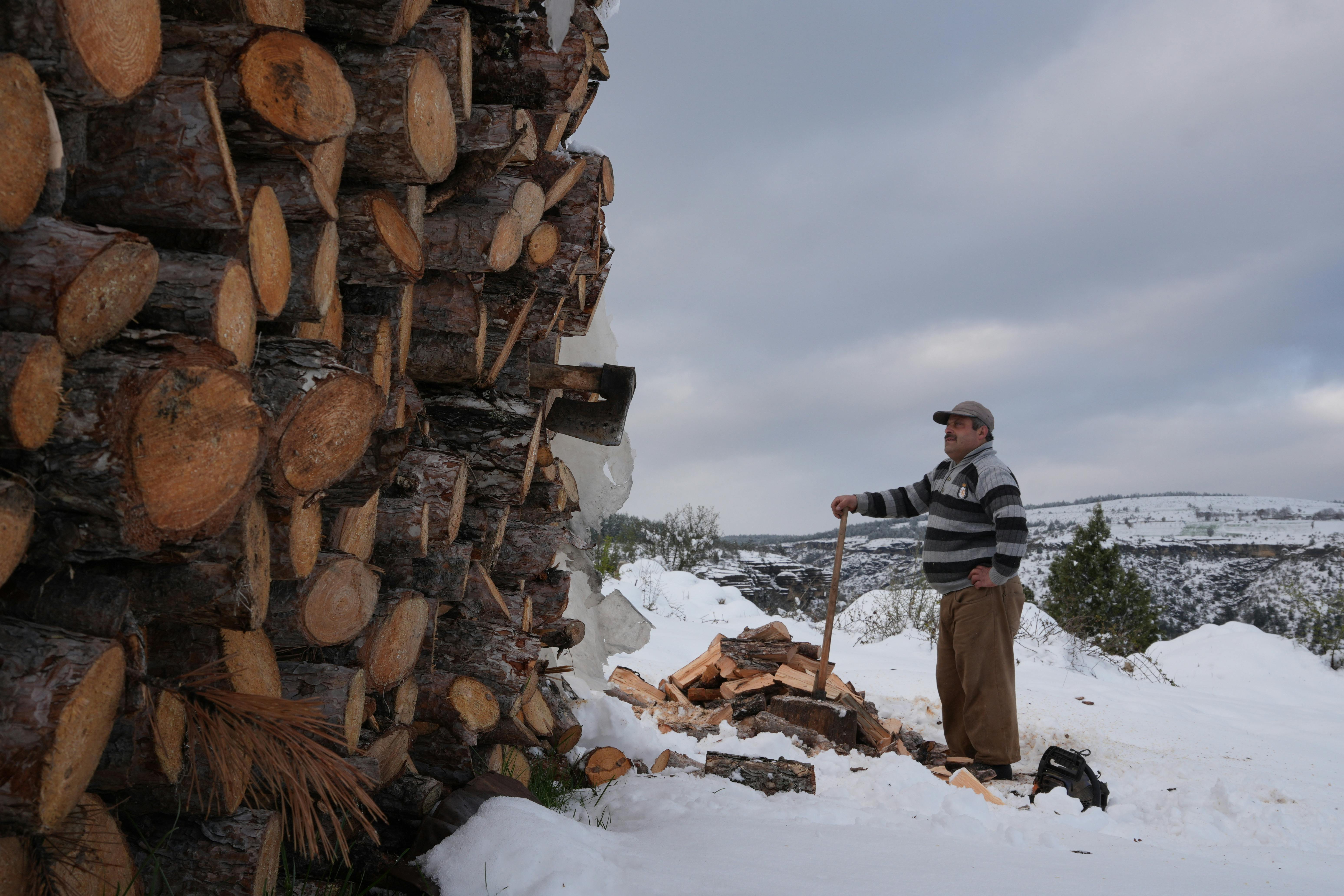 Man Stacking Firewood in Snowy Turkish Landscape · Free Stock Photo