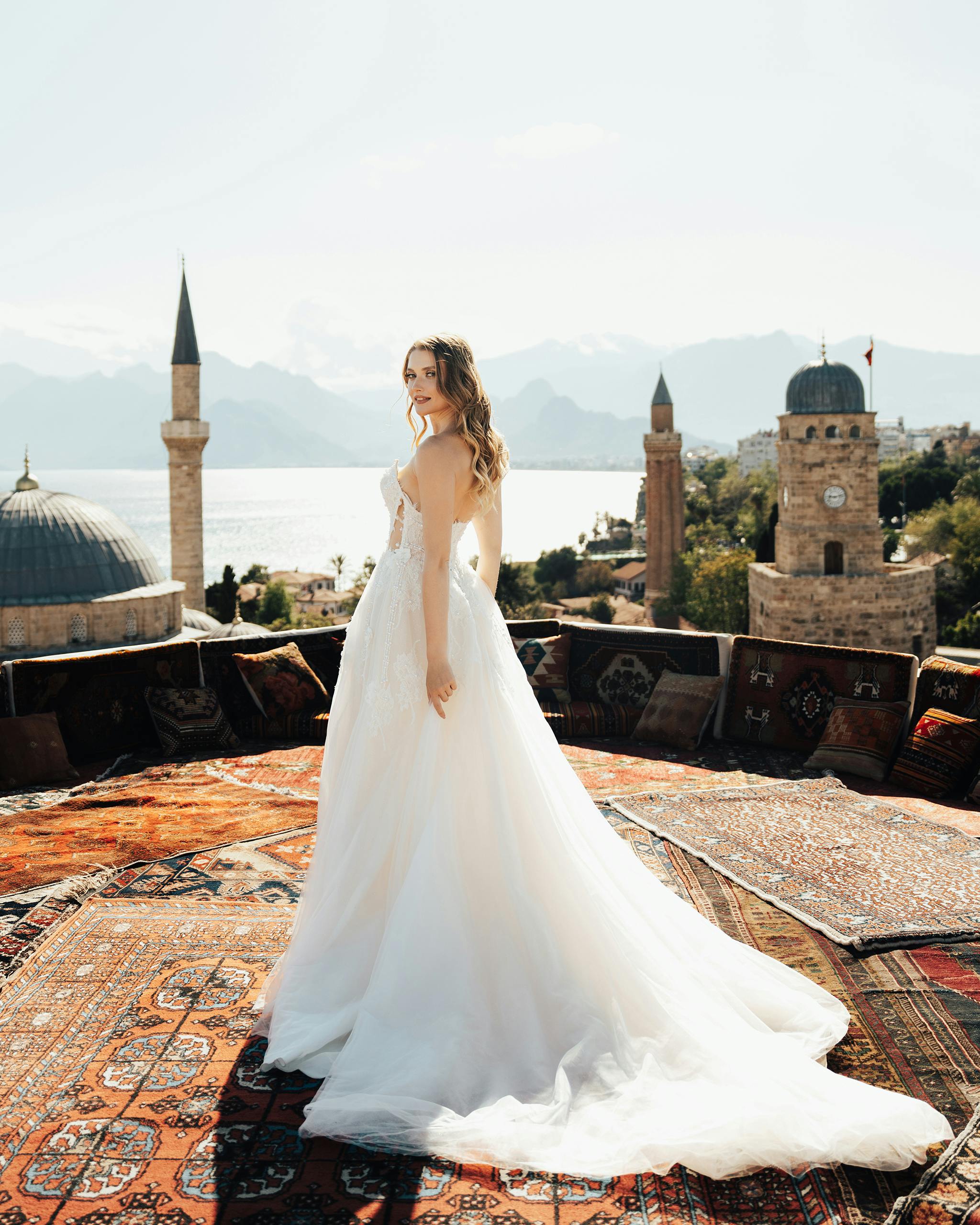 Bride in Elegant Dress on Turkish Rooftop · Free Stock Photo