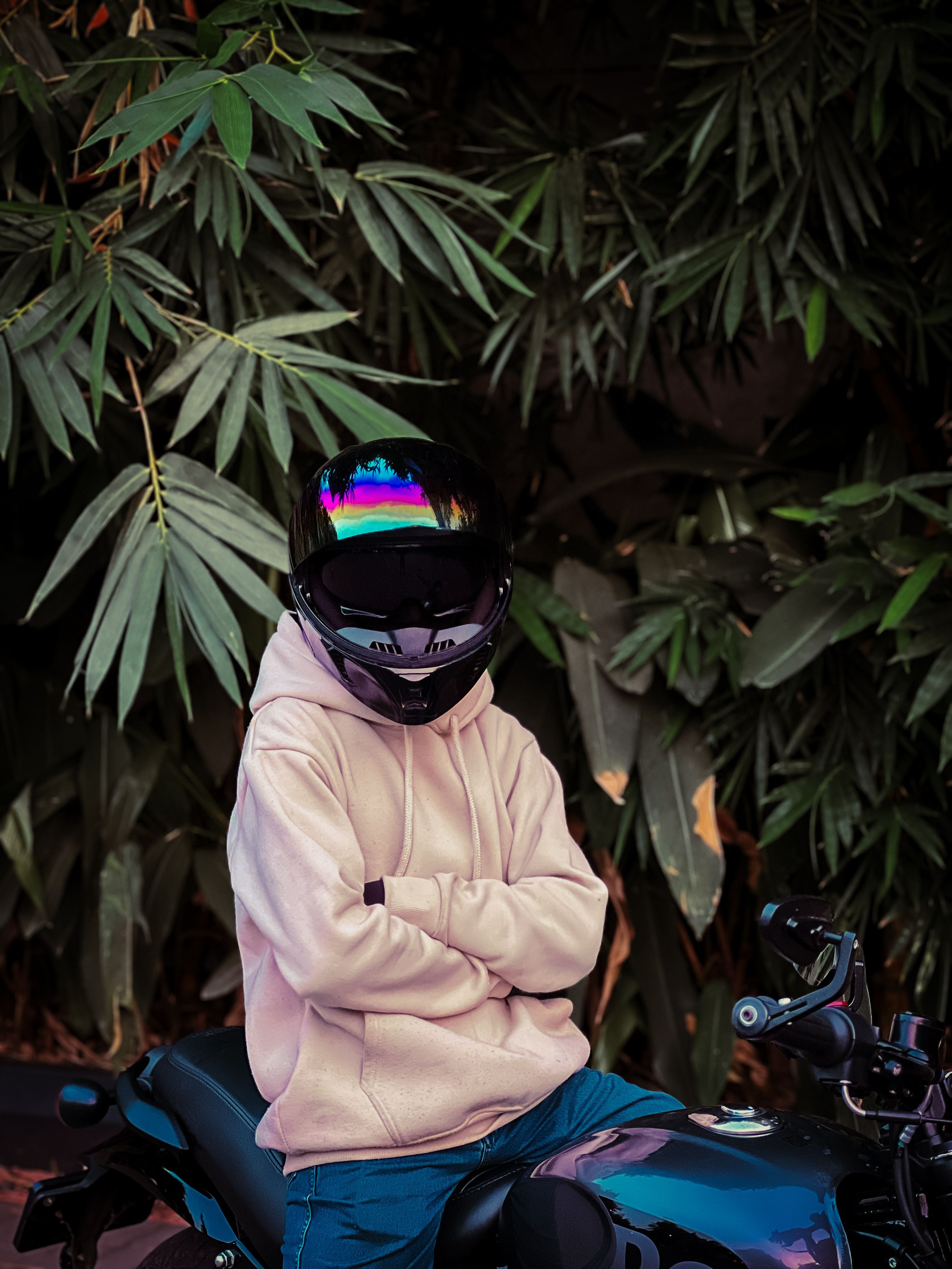 Cool Biker with Rainbow Helmet Visor in Nature · Free Stock Photo