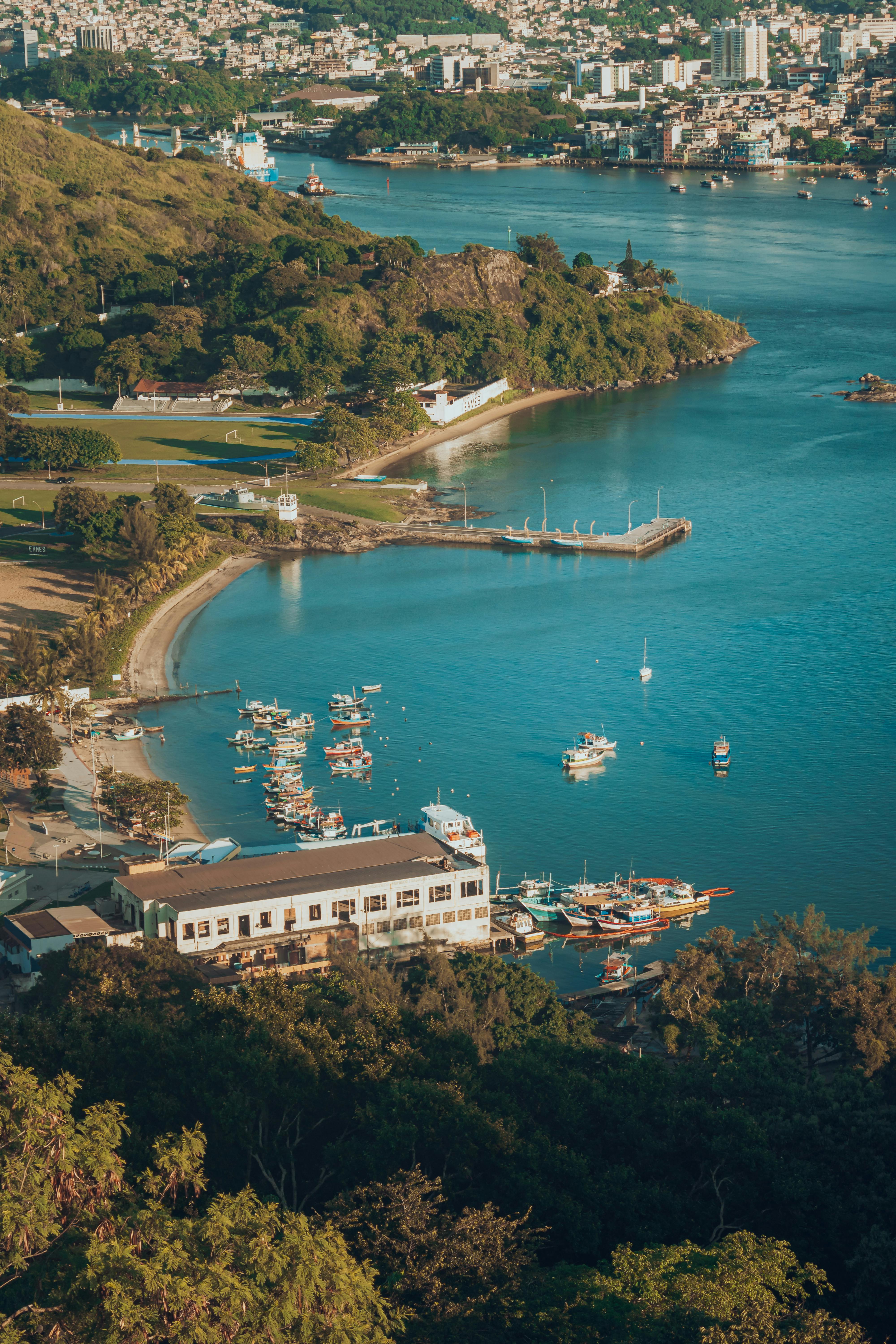 Aerial View of Coastal Harbor with Docked Boats · Free Stock Photo
