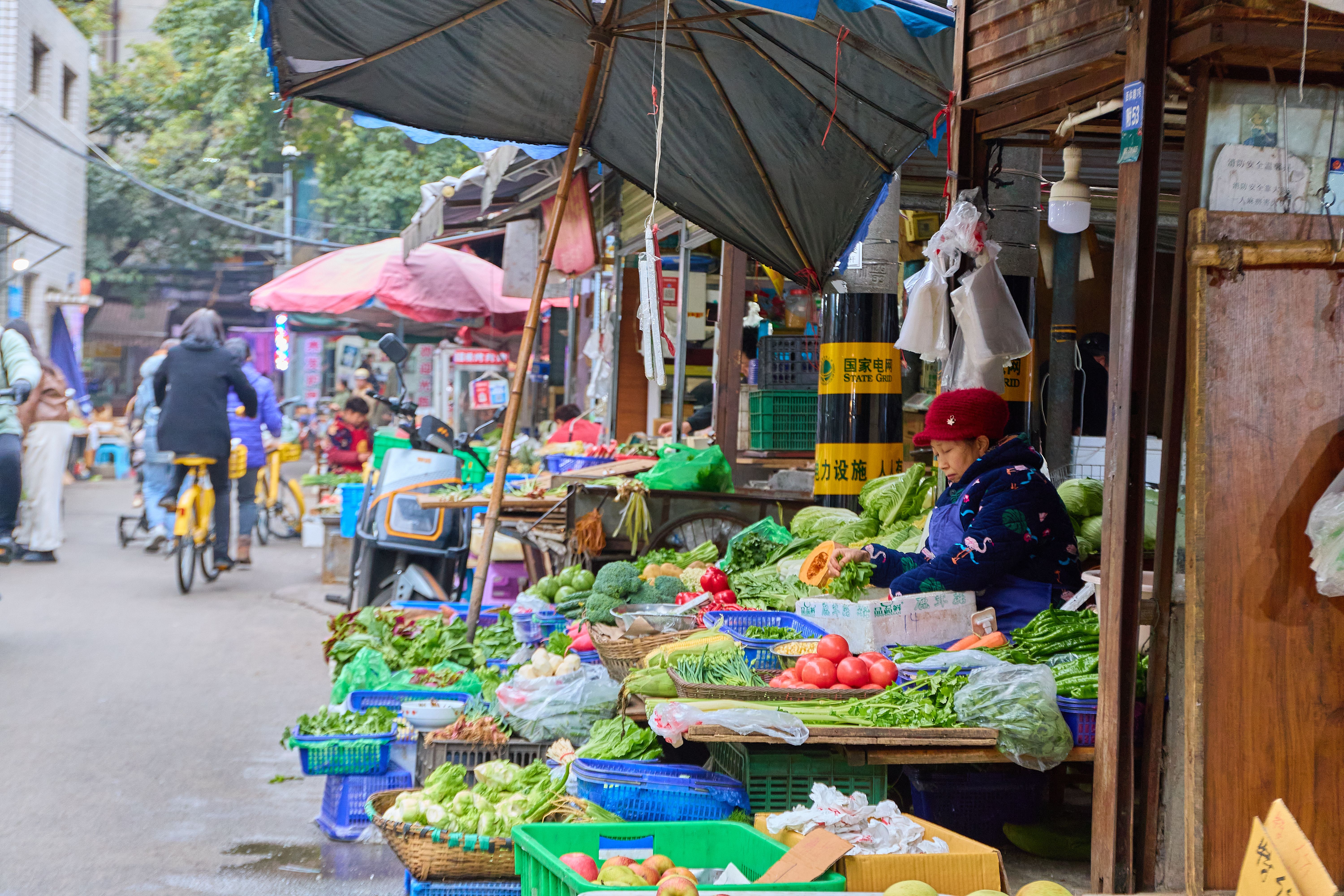 Bustling Asian Street Market with Fresh Produce · Free Stock Photo