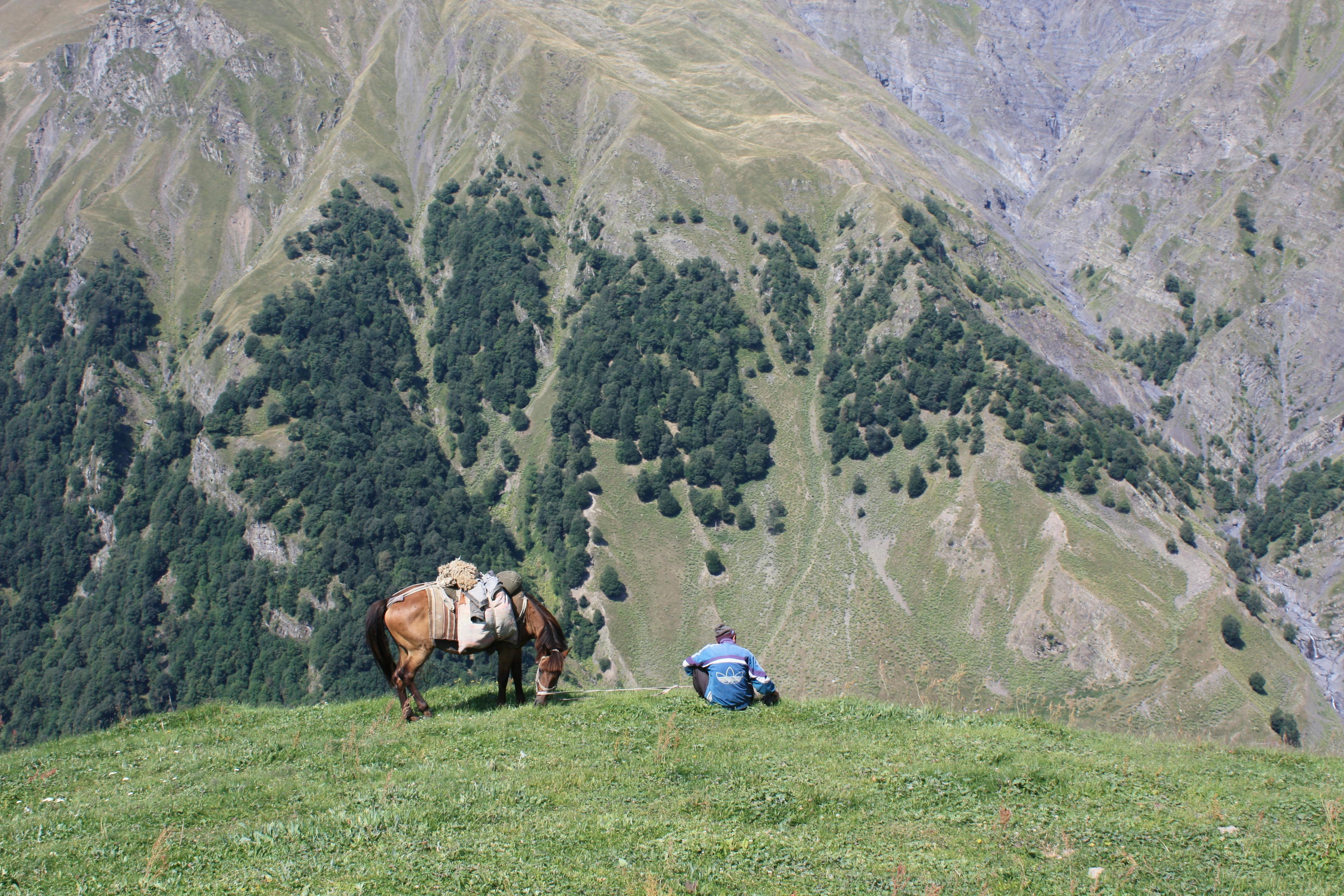 Mountain Hiker Resting with Horse in Scenic Landscape · Free Stock Photo